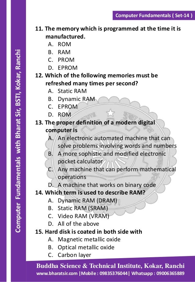BSTI-BharatSir : Computer Fundamentals Set-14 | PPTX | Data Storage and Warehousing | Computing