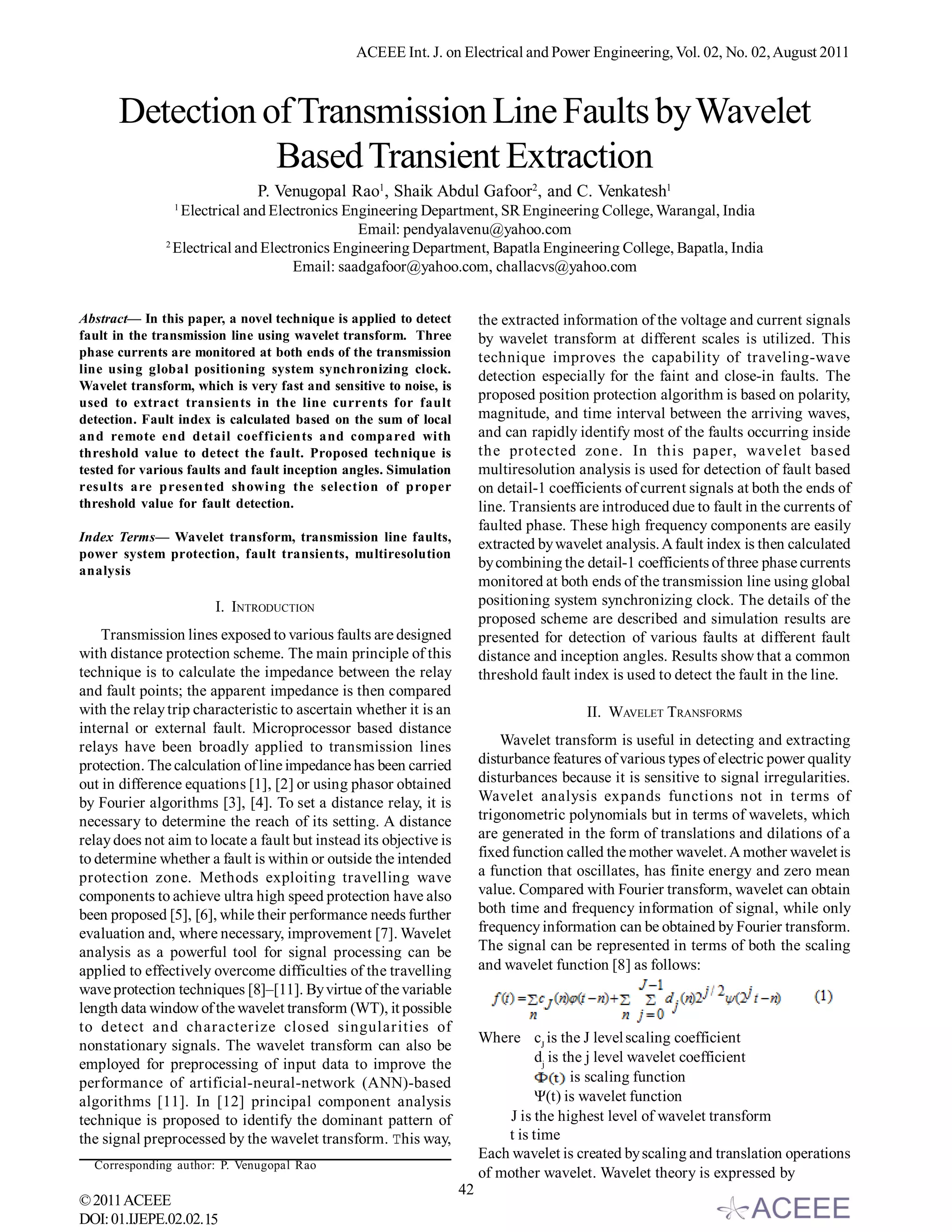 Detection of Transmission Line Faults by Wavelet Based Transient Extraction | PDF