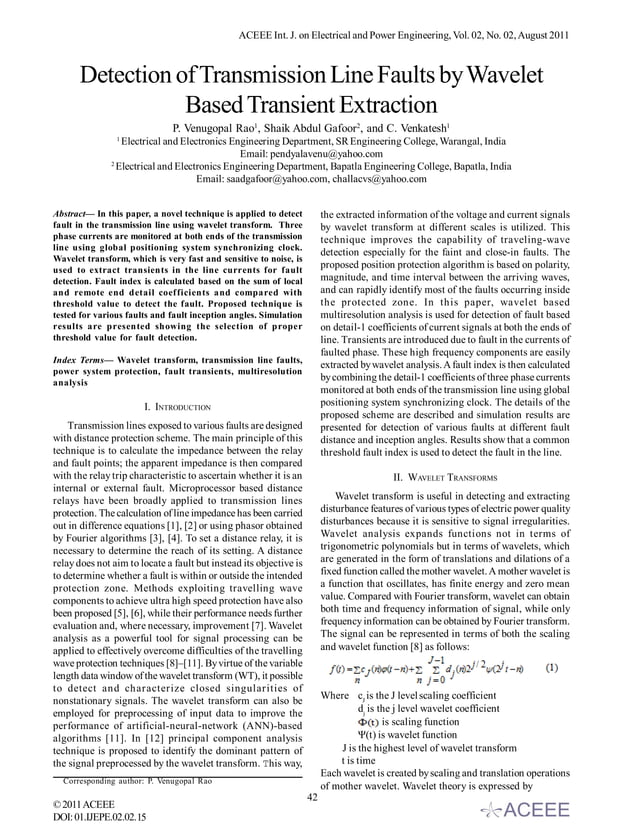 Detection of Transmission Line Faults by Wavelet Based Transient Extraction | PDF