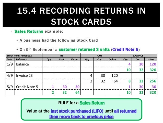 15.4 Recording returns in Stock Cards