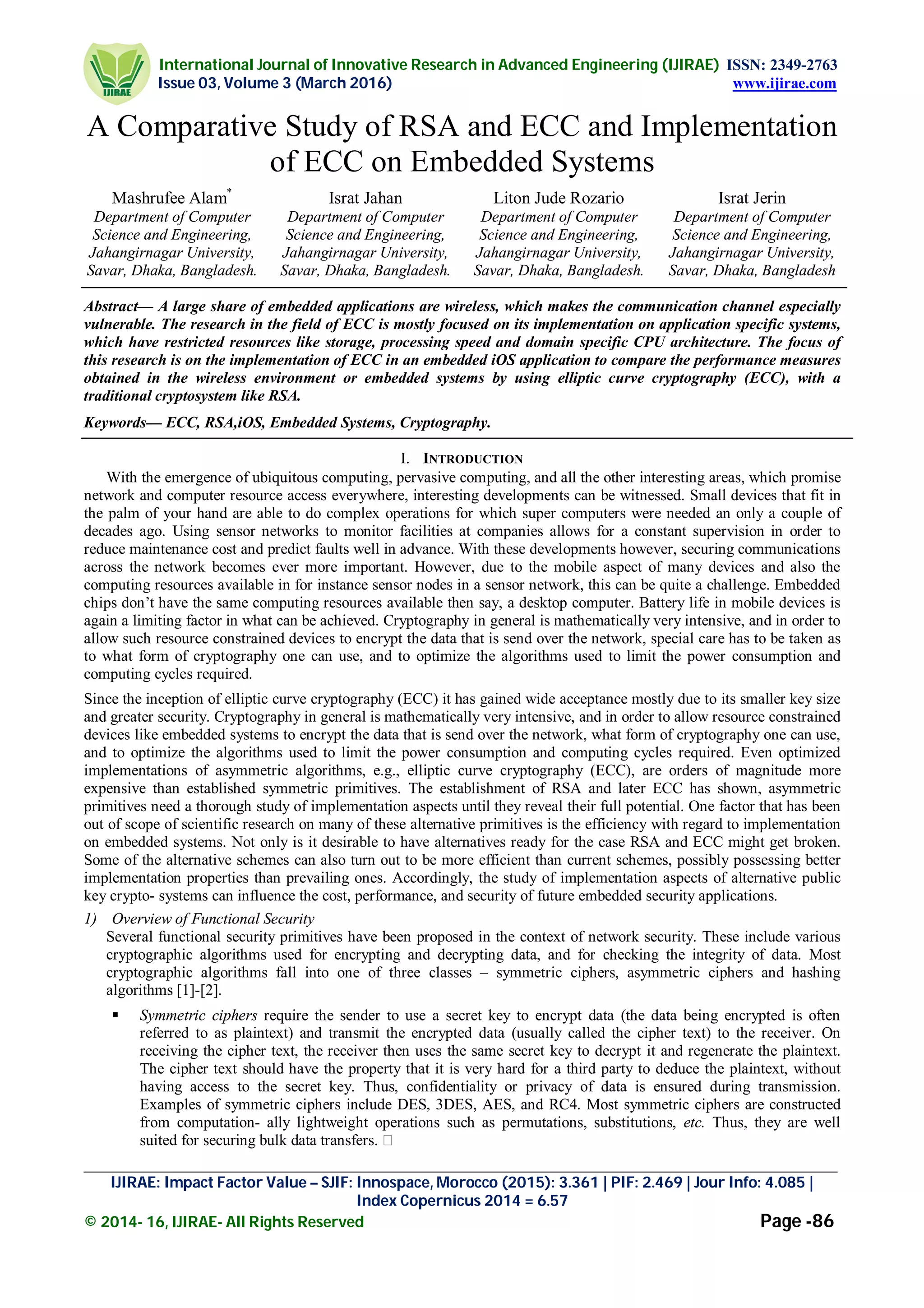 A Comparative Study of RSA and ECC and Implementation of ECC on ...