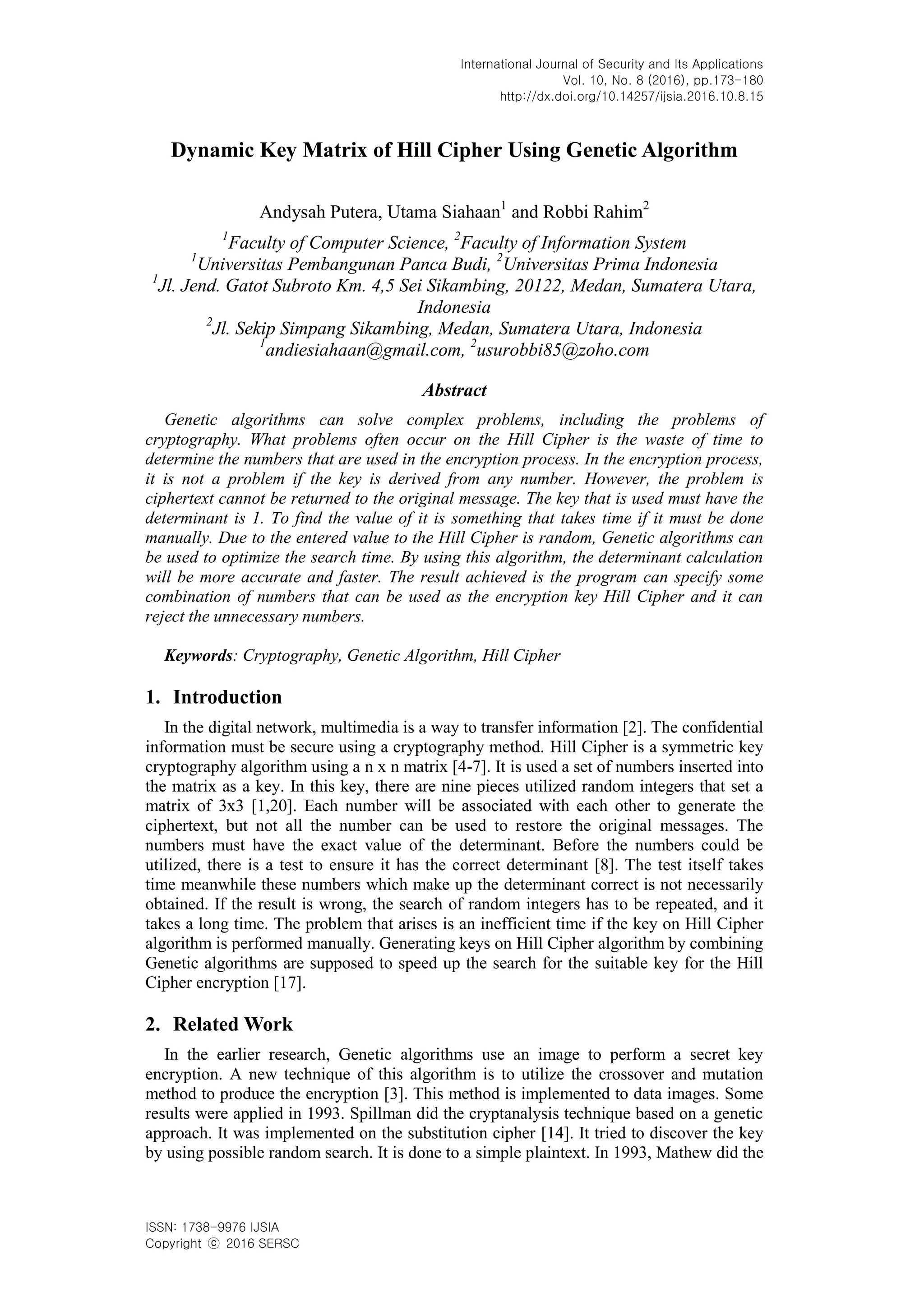 Dynamic Key Matrix of Hill Cipher Using Genetic Algorithm | PDF