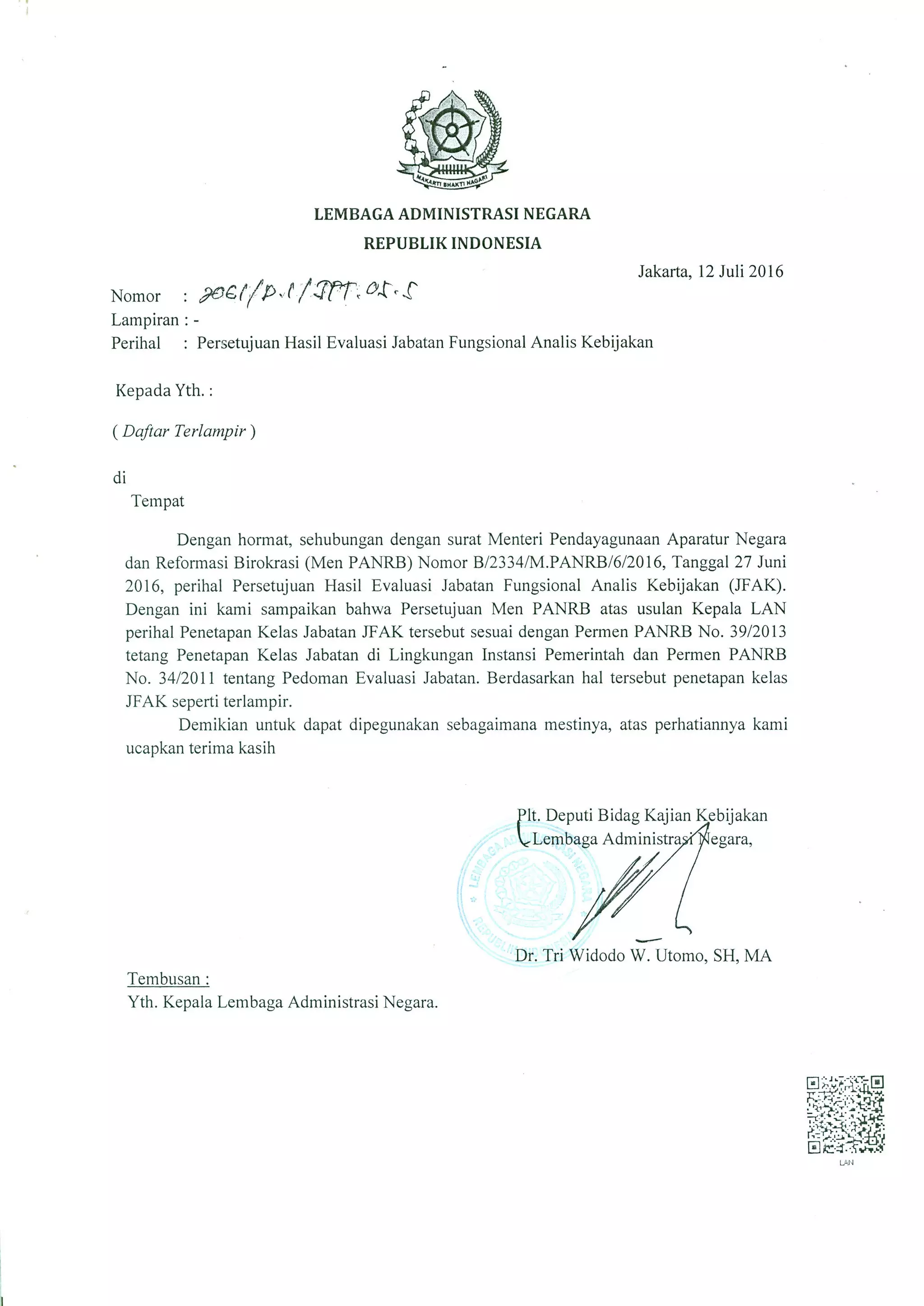 surat edaran kepala LAN tentang persetujuan hasil evaluasi jabatan fungsional analis kebijakan | PDF