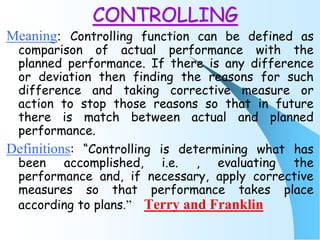 Controlling and Its Meaning, Nature, Importance,Elements,Process. | PPT