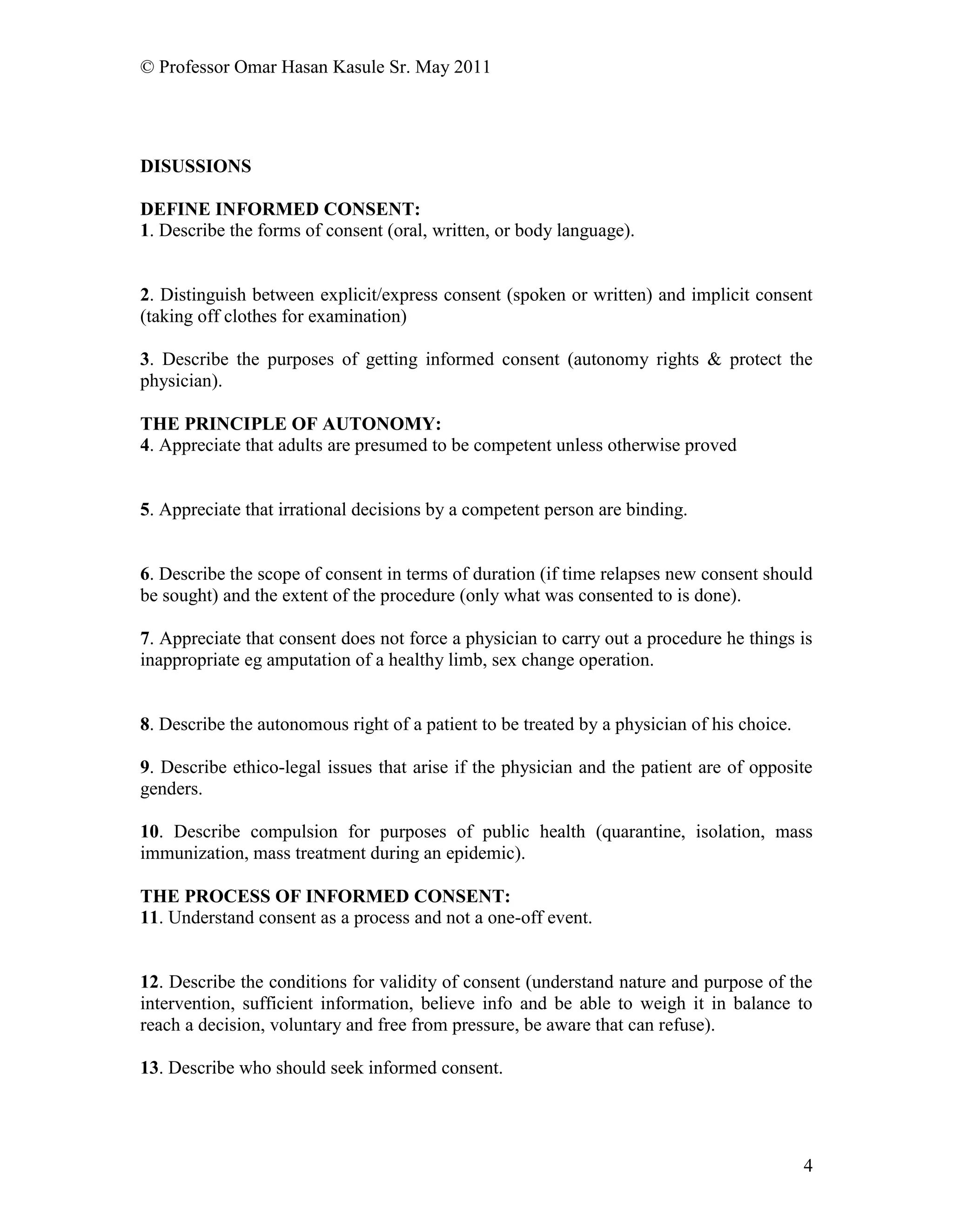 Medical decisions and informed consent by Prof. Omar Kasule | PDF