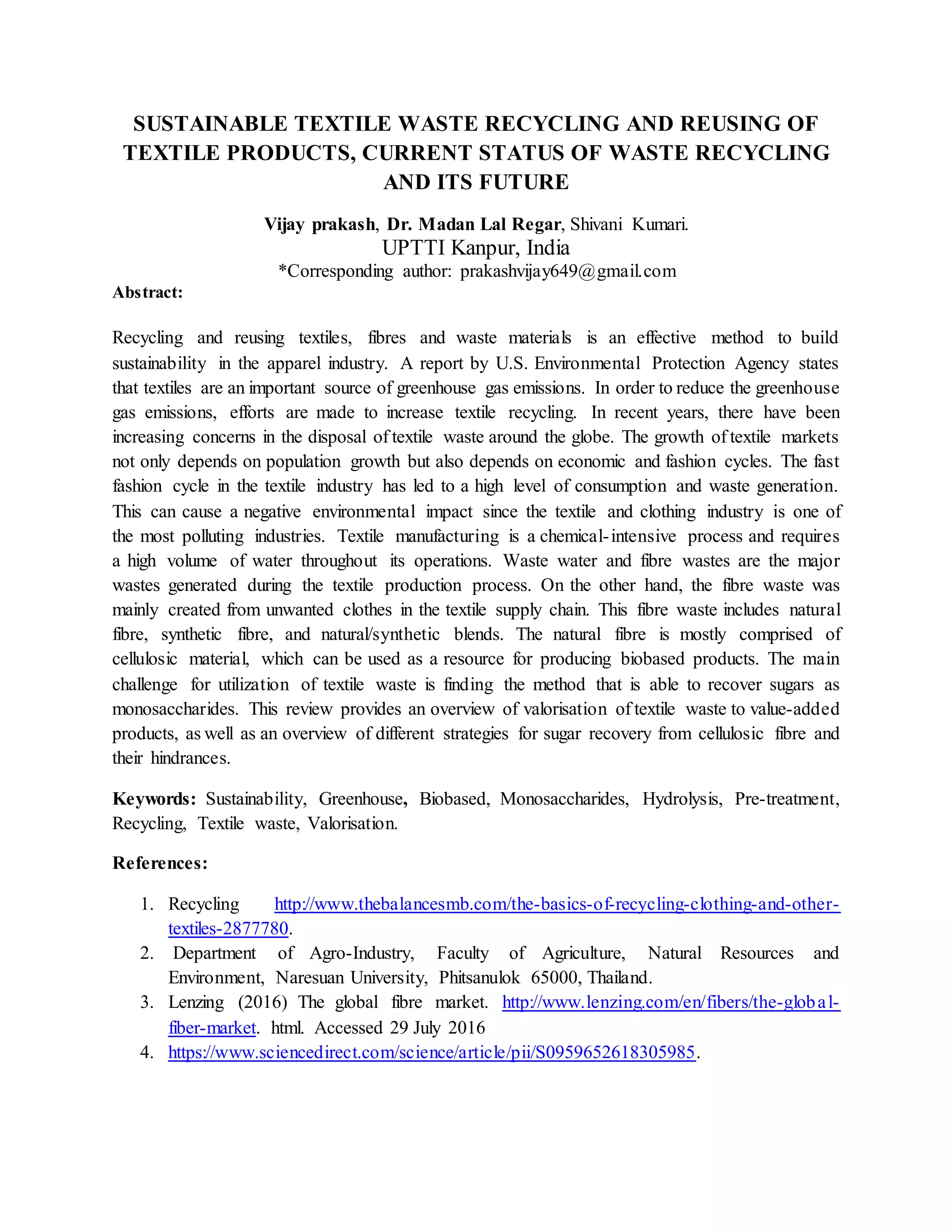 SUSTAINABLE TEXTILE WASTE RECYCLING AND REUSING OF TEXTILE PRODUCTS ...
