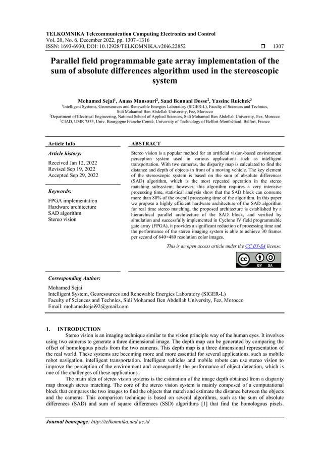 Parallel Field Programmable Gate Array Implementation Of The Sum Of Absolute Differences