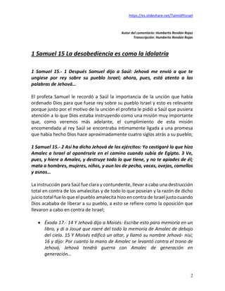 1 Samuel 15 La desobediencia es como la idolatría. Por Humberto Rendon ...