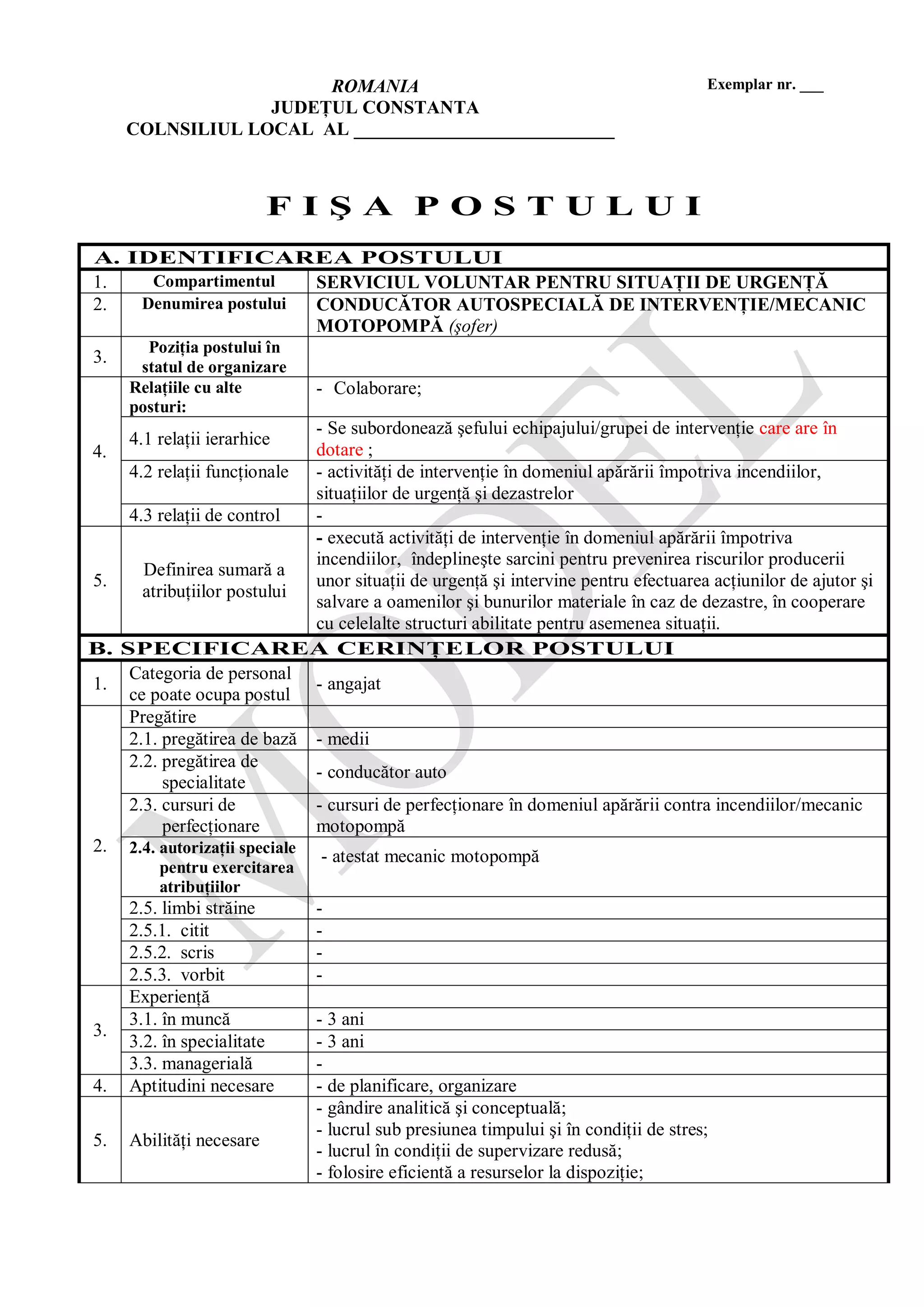 Fisa postului cond.autosp. mec.motopompa-model | PDF