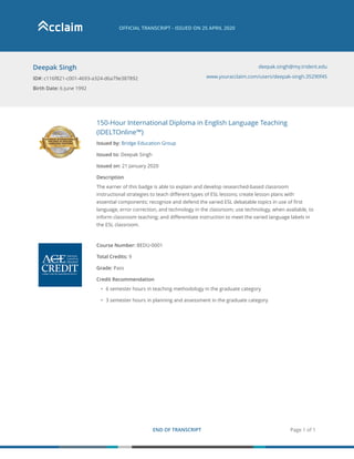 150-Hour International Diploma English Language Teaching Deepak (Danny ...