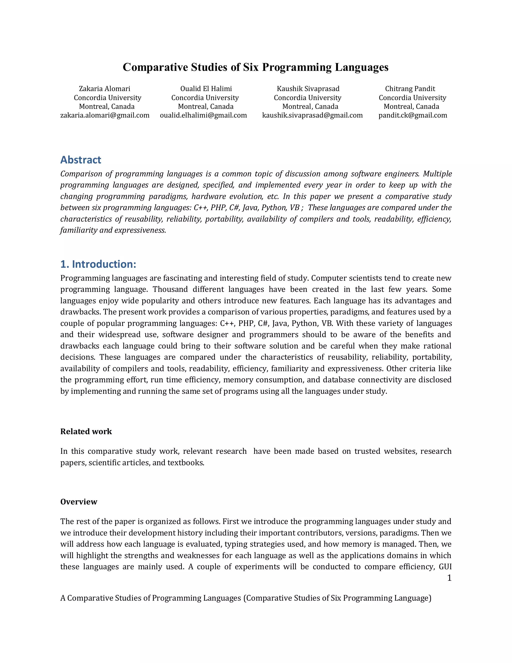 Comparative study of 6 programming languages | PDF