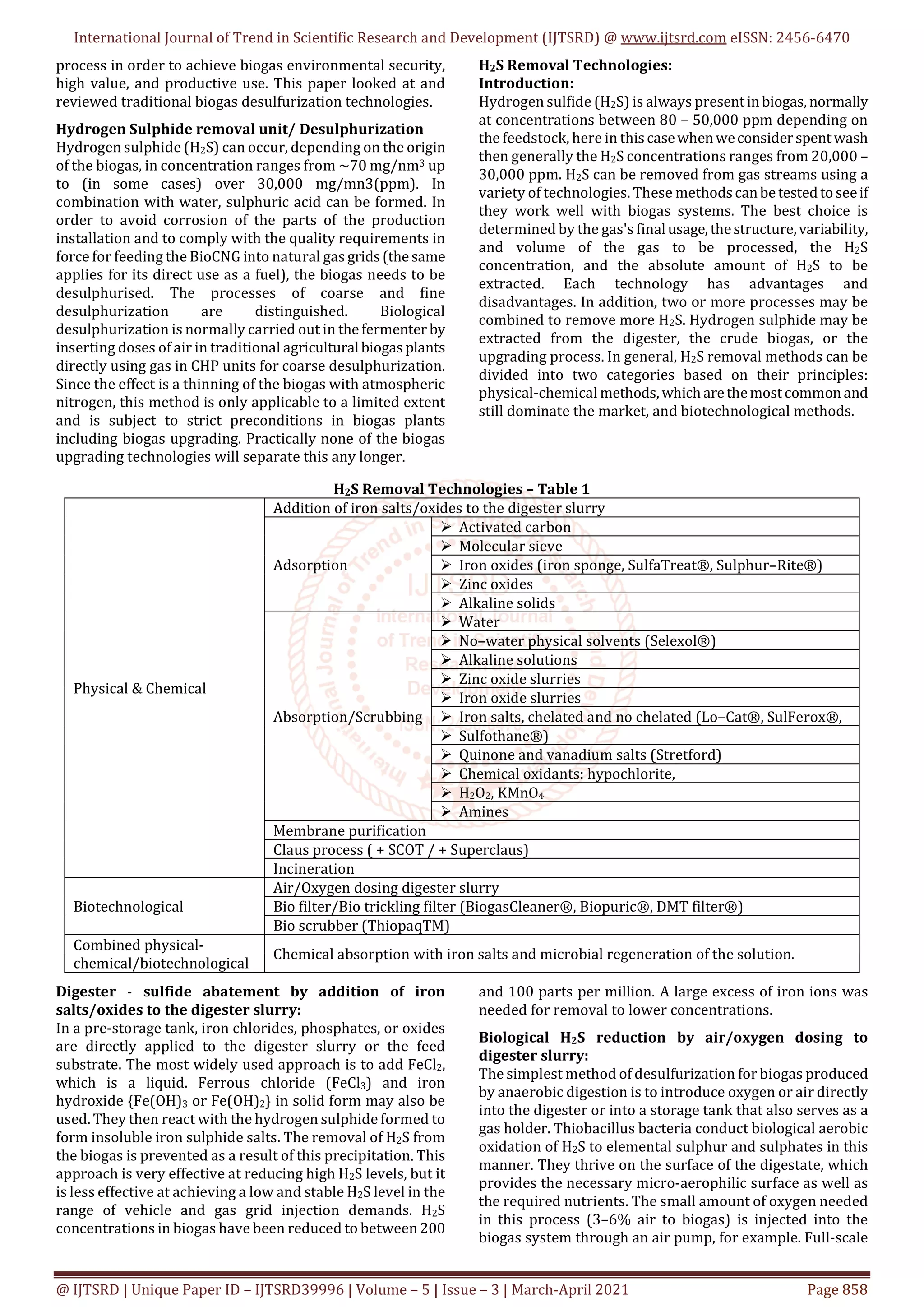 A Retrospection of Hydrogen Sulphide Removal Technologies in Biogas ...