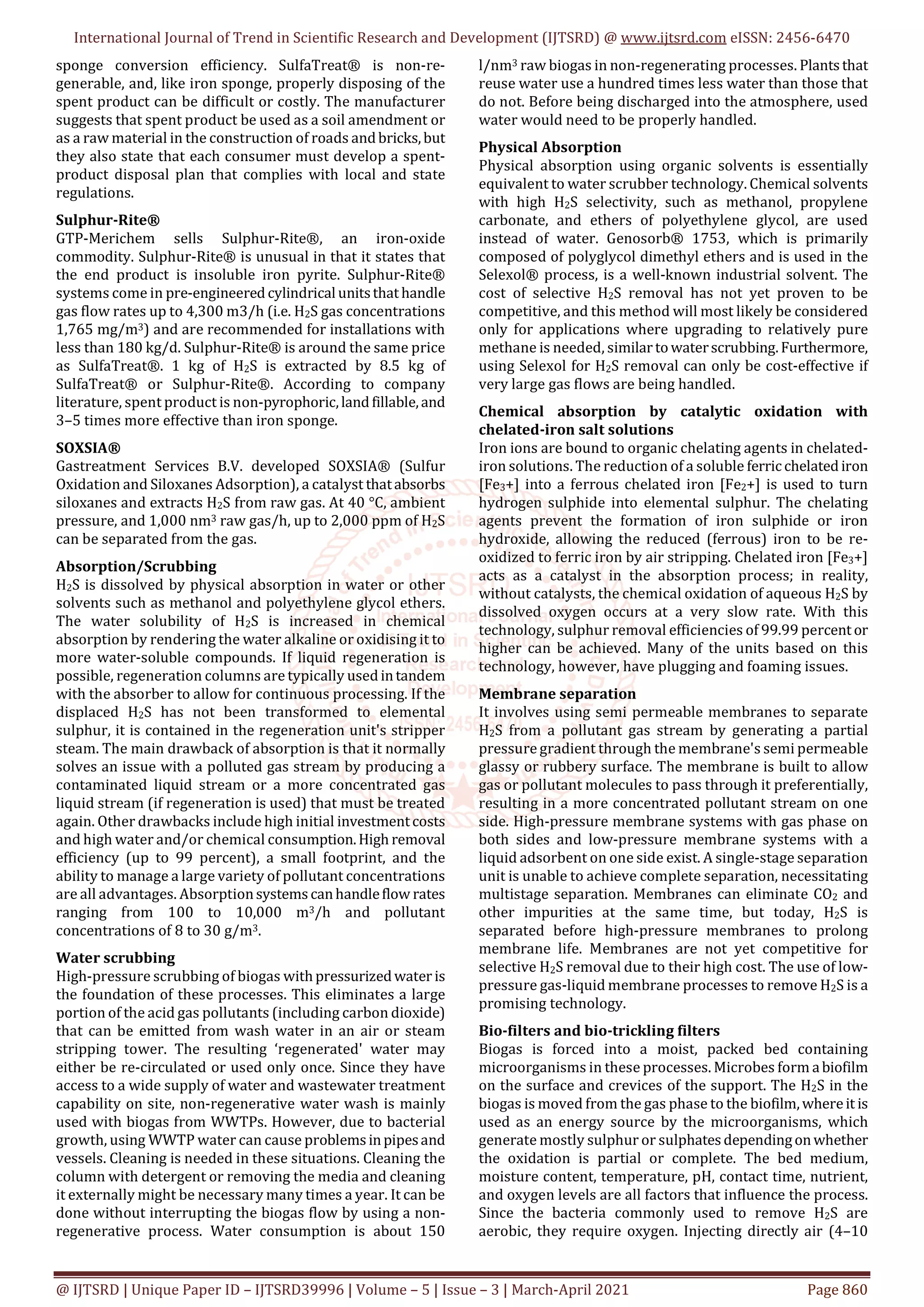A Retrospection of Hydrogen Sulphide Removal Technologies in Biogas Purification | PDF