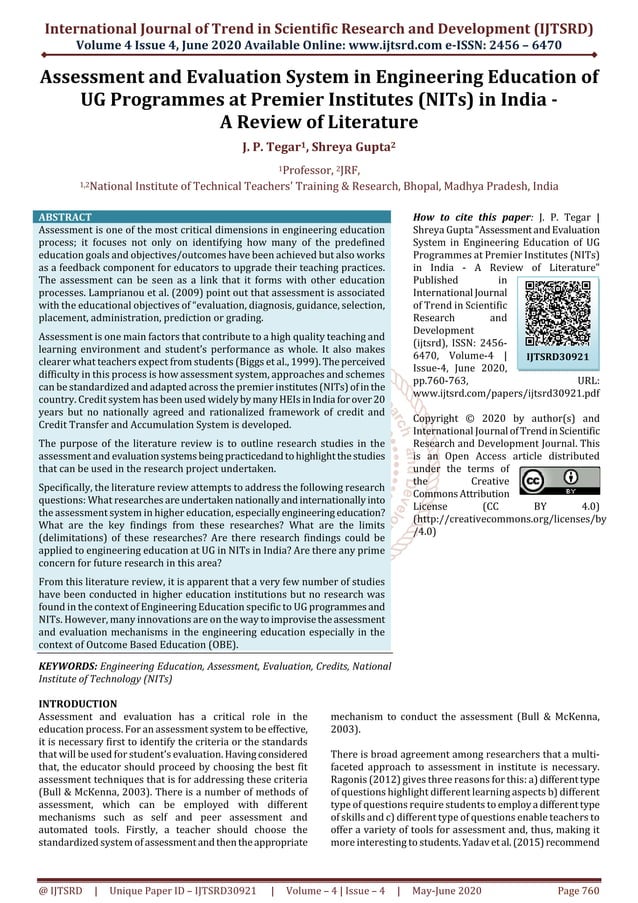 Assessment and Evaluation System in Engineering Education of UG ...