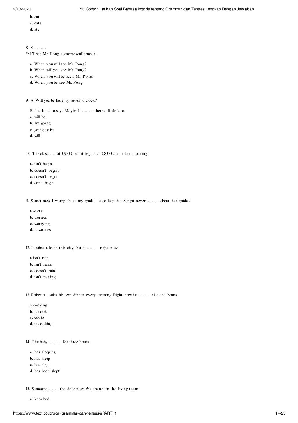 150 contoh latihan soal bahasa inggris tentang grammar dan tenses ...