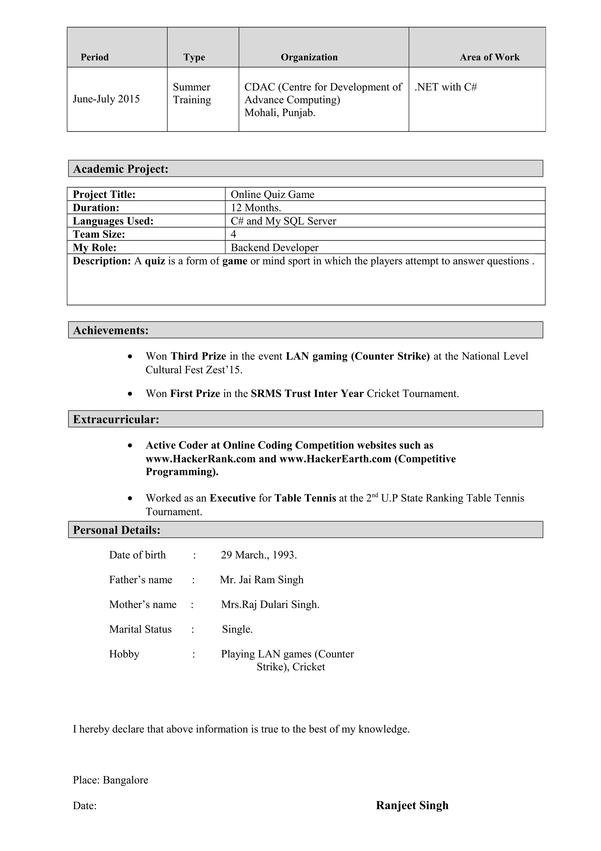 Ranjeet cv | DOC | Computing | Technology & Computing