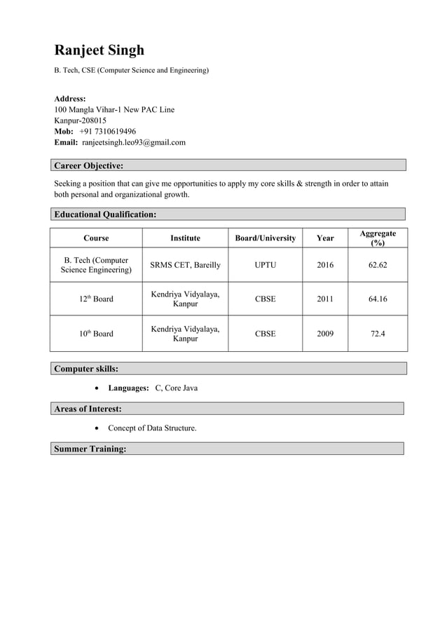 Ranjeet cv | DOC | Computing | Technology & Computing