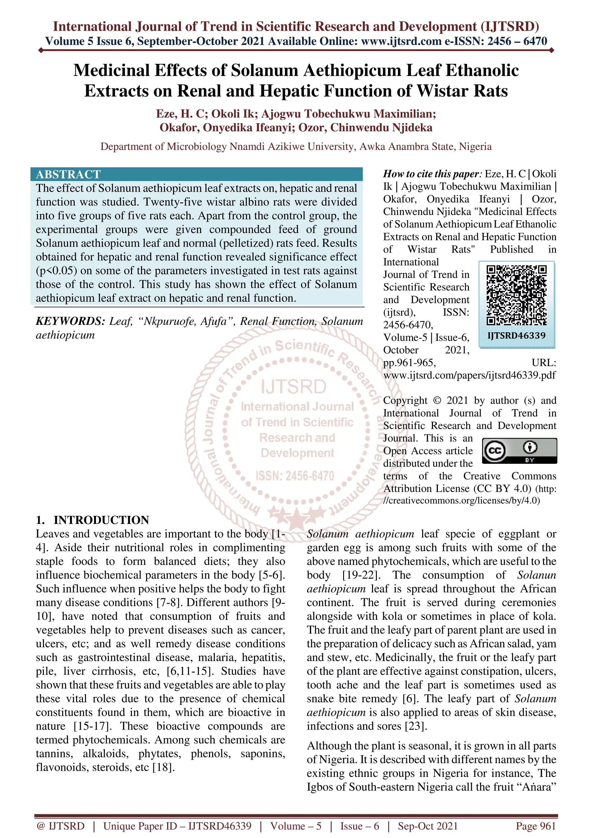 Medicinal Effects of Solanum Aethiopicum Leaf Ethanolic Extracts on Renal and Hepatic Function ...