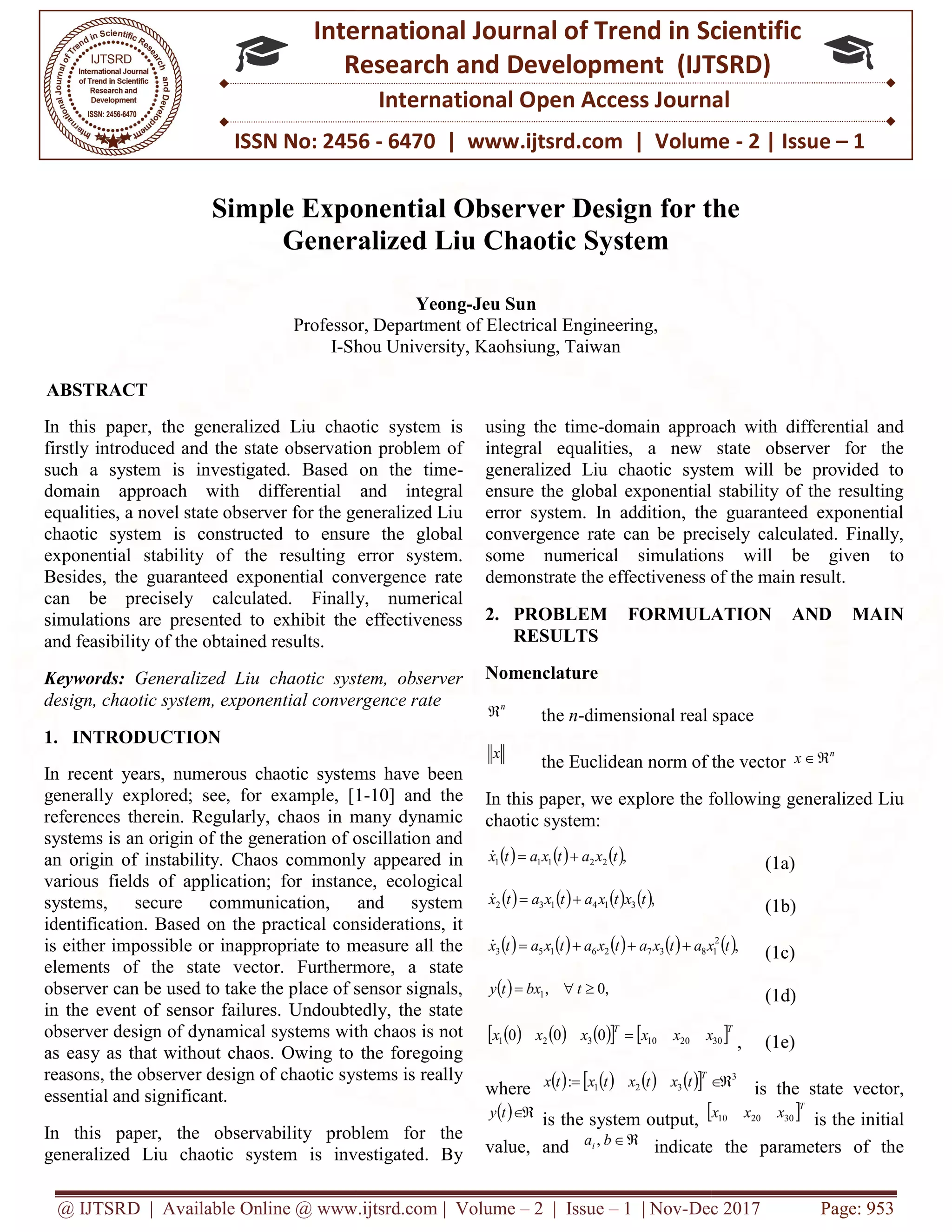 Simple Exponential Observer Design for the Generalized Liu Chaotic System | PDF