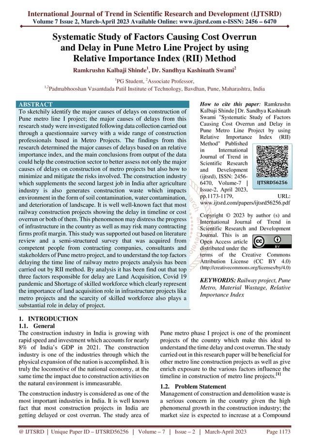 Systematic Study of Factors Causing Cost Overrun and Delay in Pune Metro Line Project by using ...
