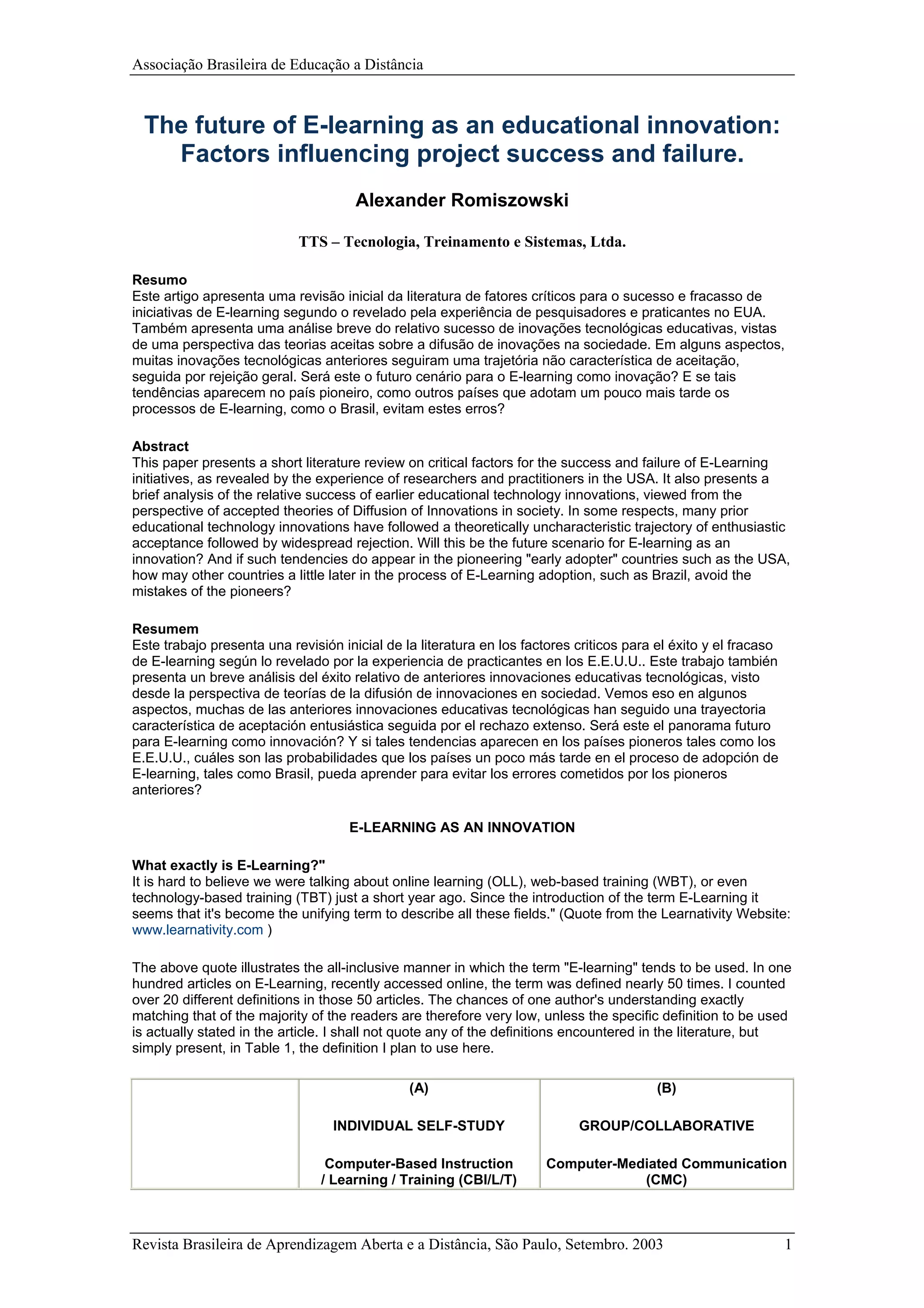 The future of E-learning as an educational innovation: Factors ...