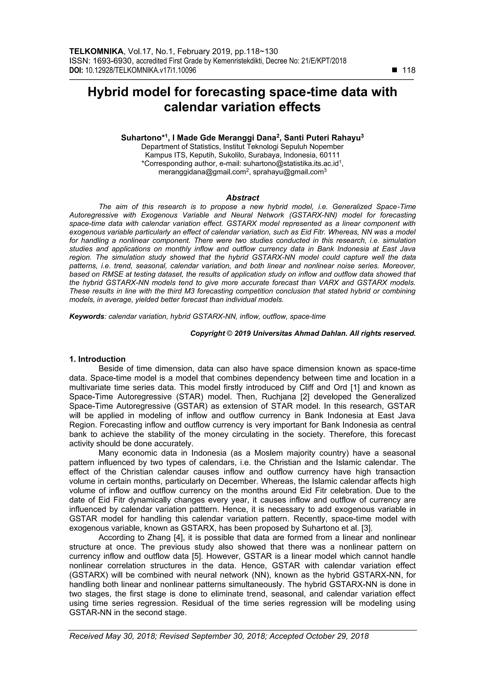 Hybrid Model For Forecasting Space Time Data With Calendar Variation