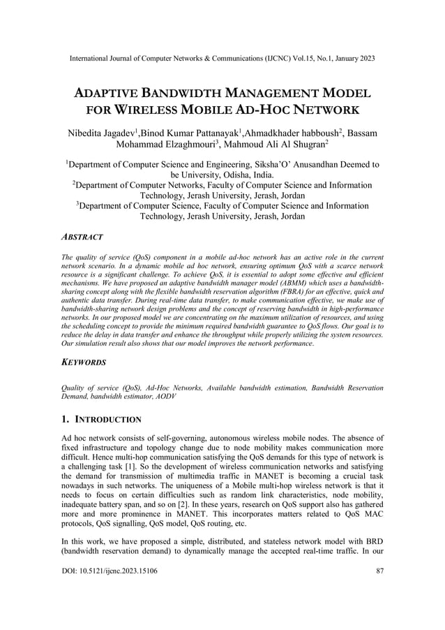 Adaptive Bandwidth Management Model for Wireless Mobile Ad-hoc Network | PDF