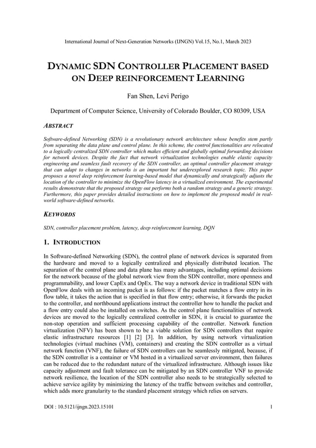 DYNAMIC SDN CONTROLLER PLACEMENT BASED ON DEEP REINFORCEMENT LEARNING | PDF
