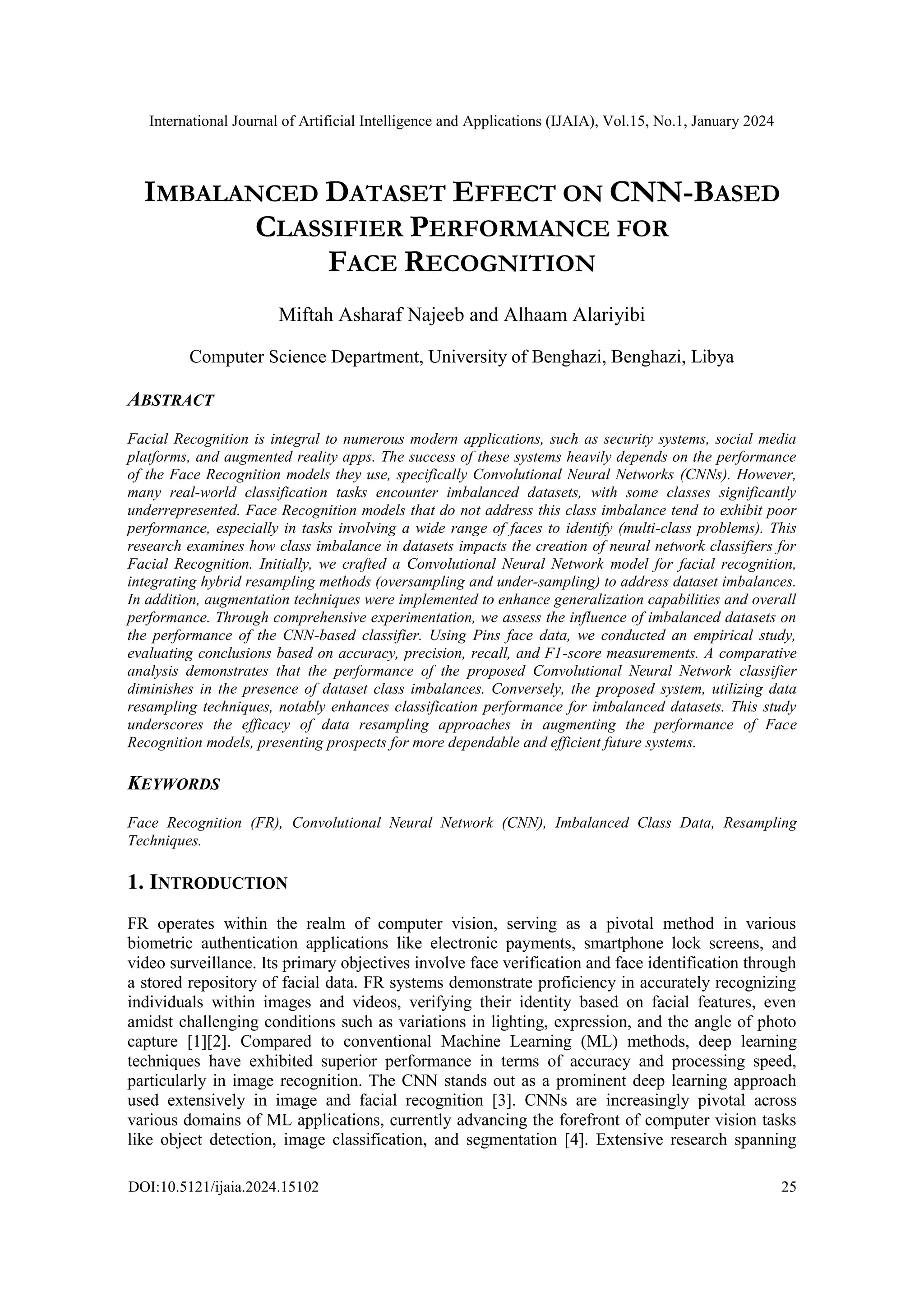 Imbalanced Dataset Effect on CNN-Based Classifier Performance for Face Recognition | PDF