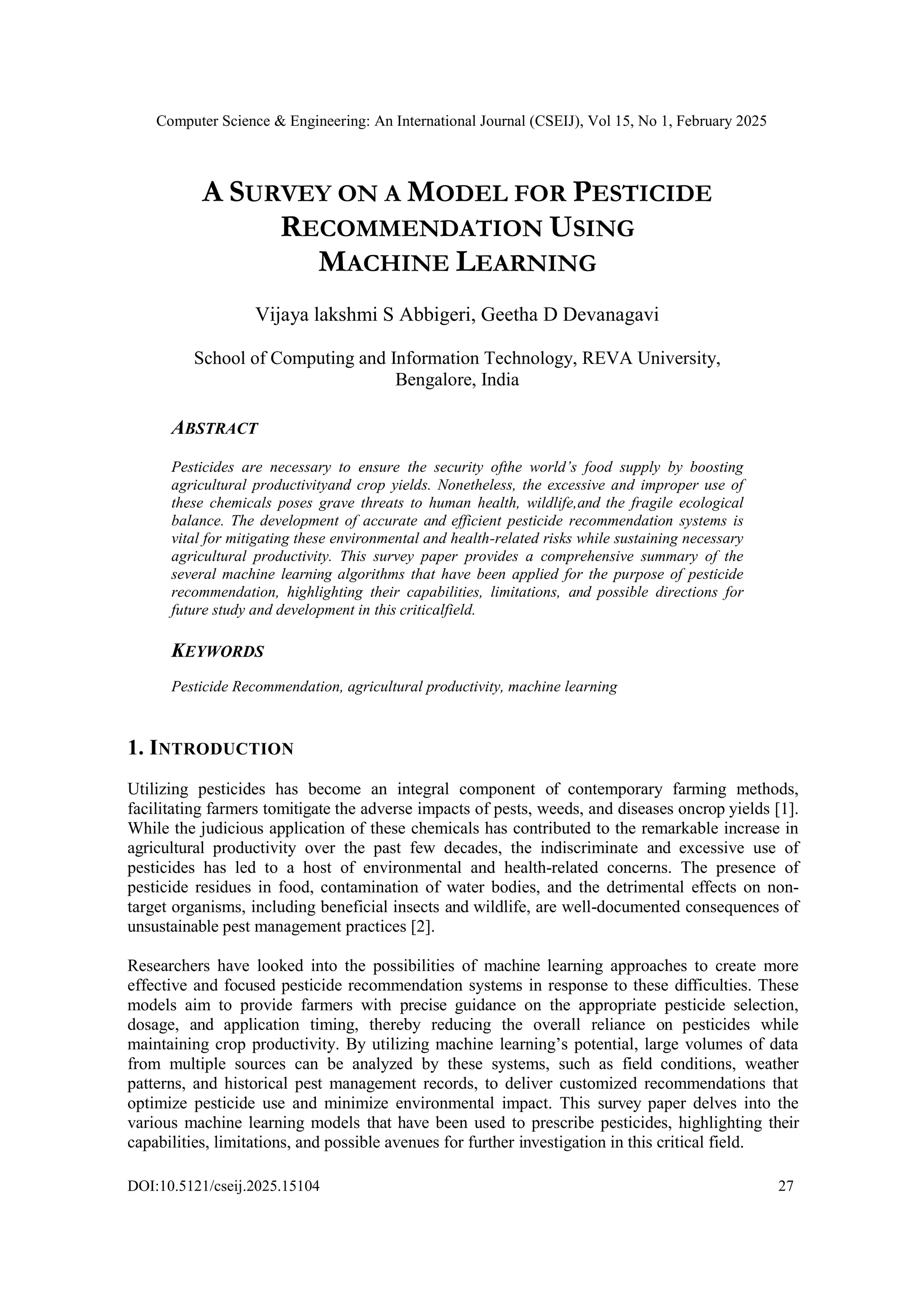 A SURVEY ON A MODEL FOR PESTICIDE RECOMMENDATION USING MACHINE LEARNING ...