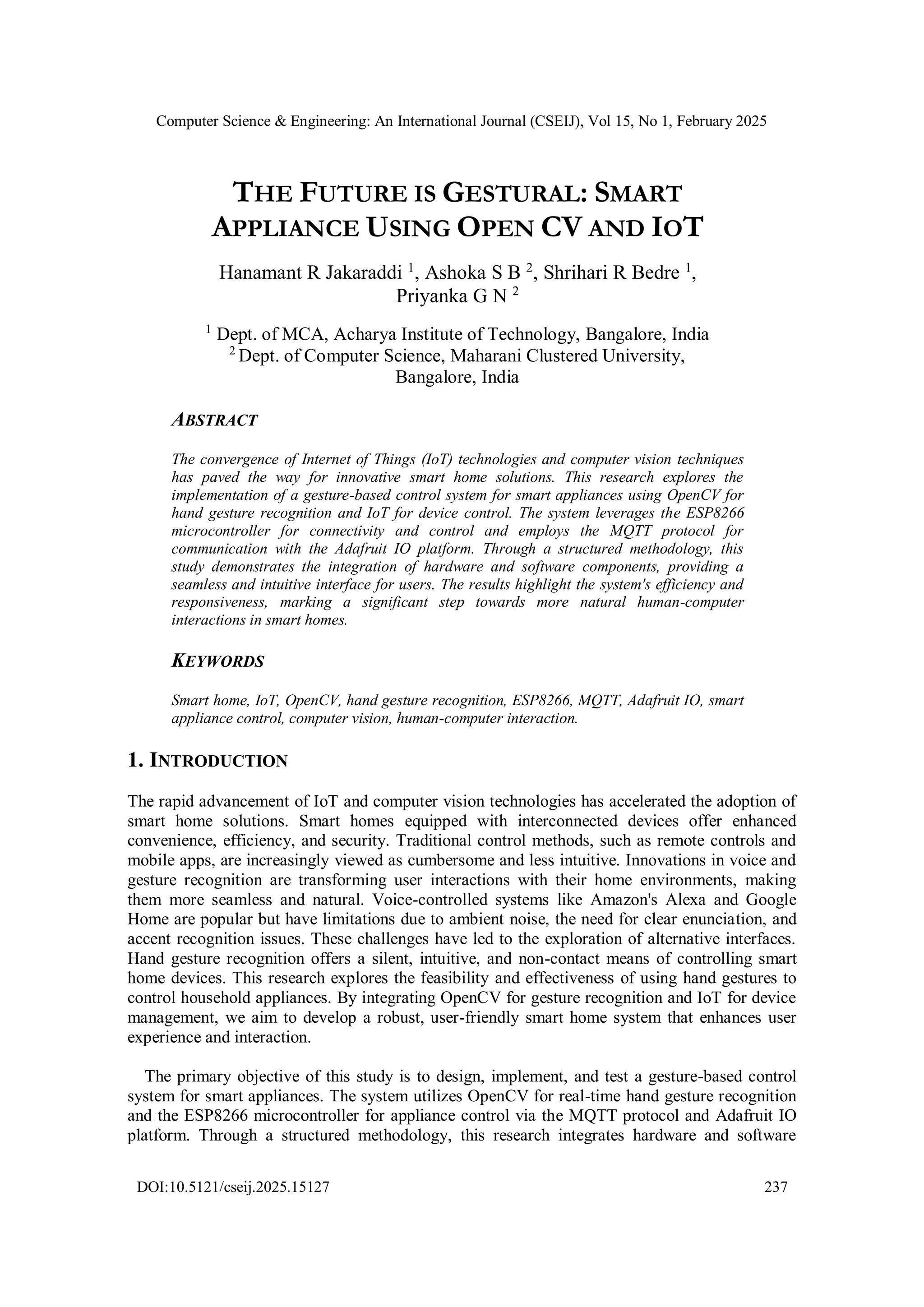 The Future is Gestural: Smart Appliance using Open CV and IoT | PDF