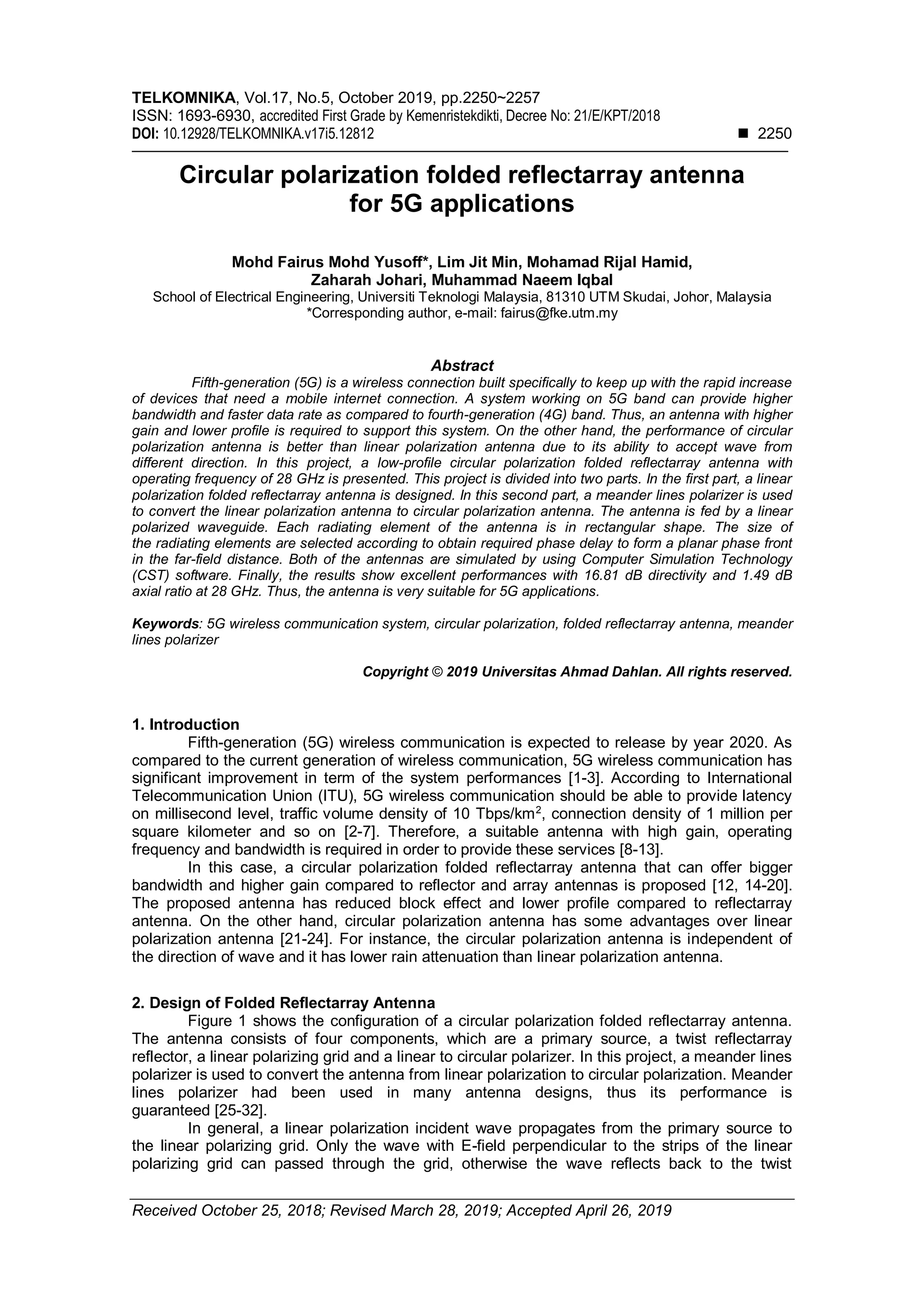 Circular polarization folded reflectarray antenna for 5G applications ...