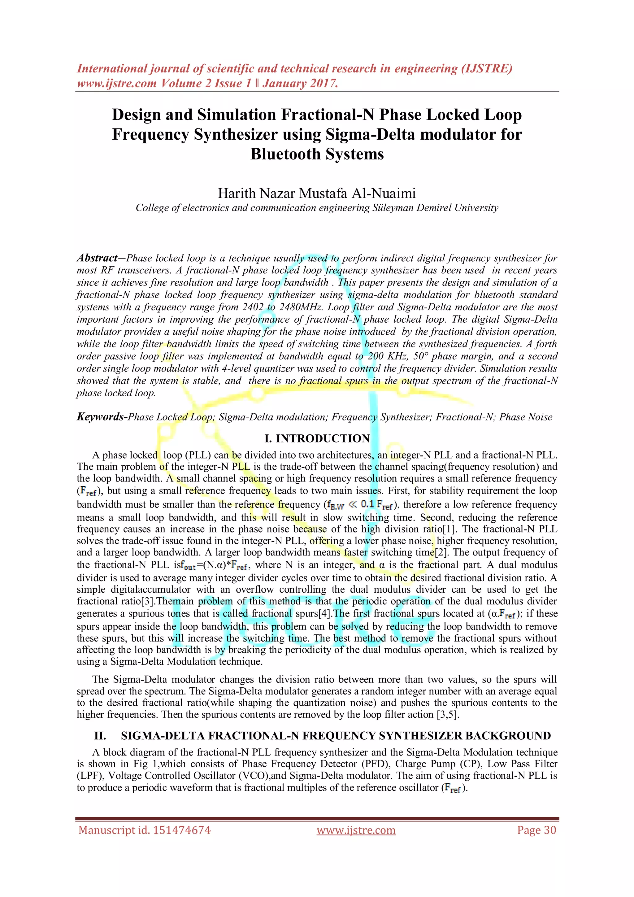 Design And Simulation Fractional N Phase Locked Loop Frequency Synthesizer Using Sigma Delta