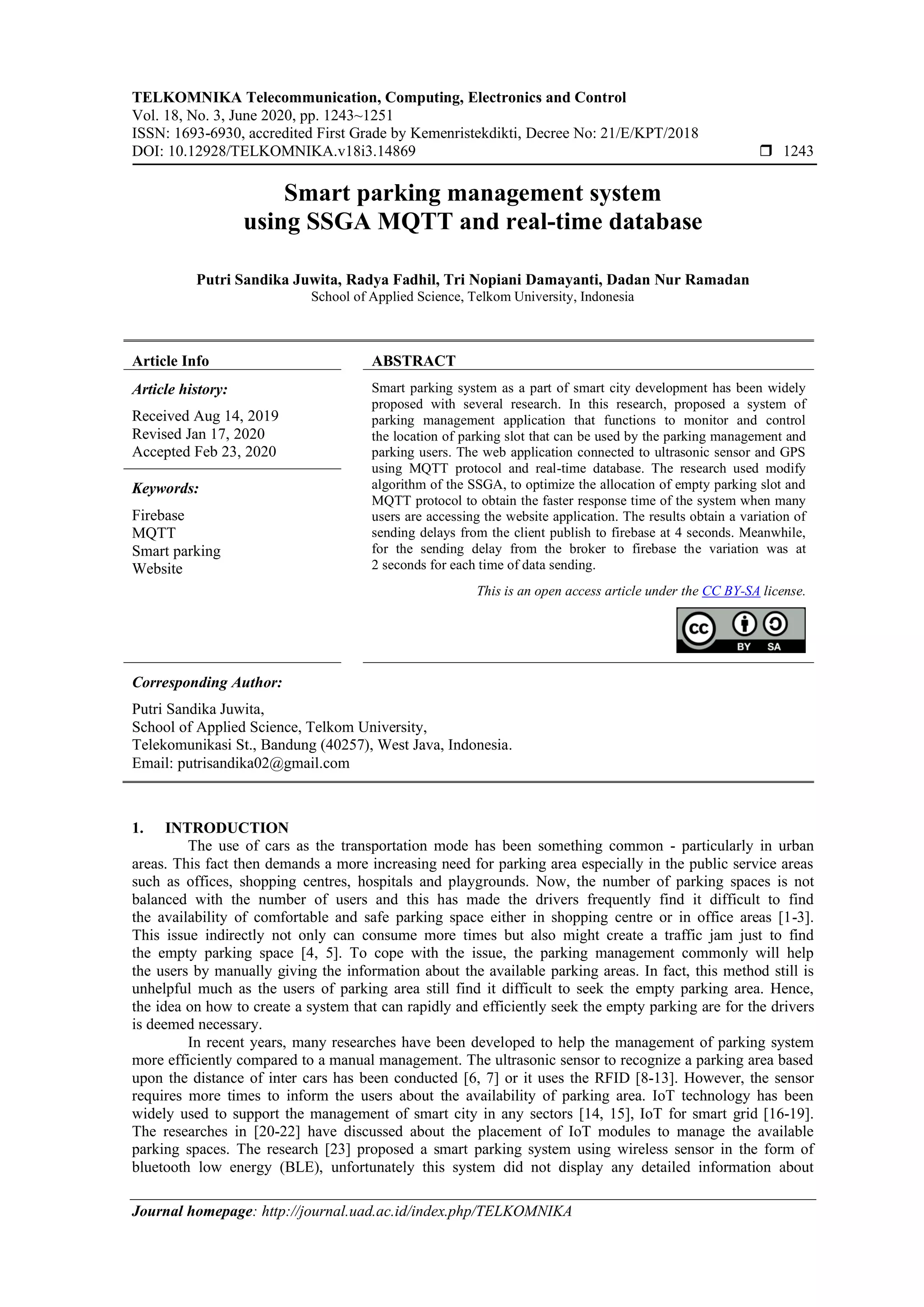 Smart parking management system using SSGA MQTT and real-time database ...