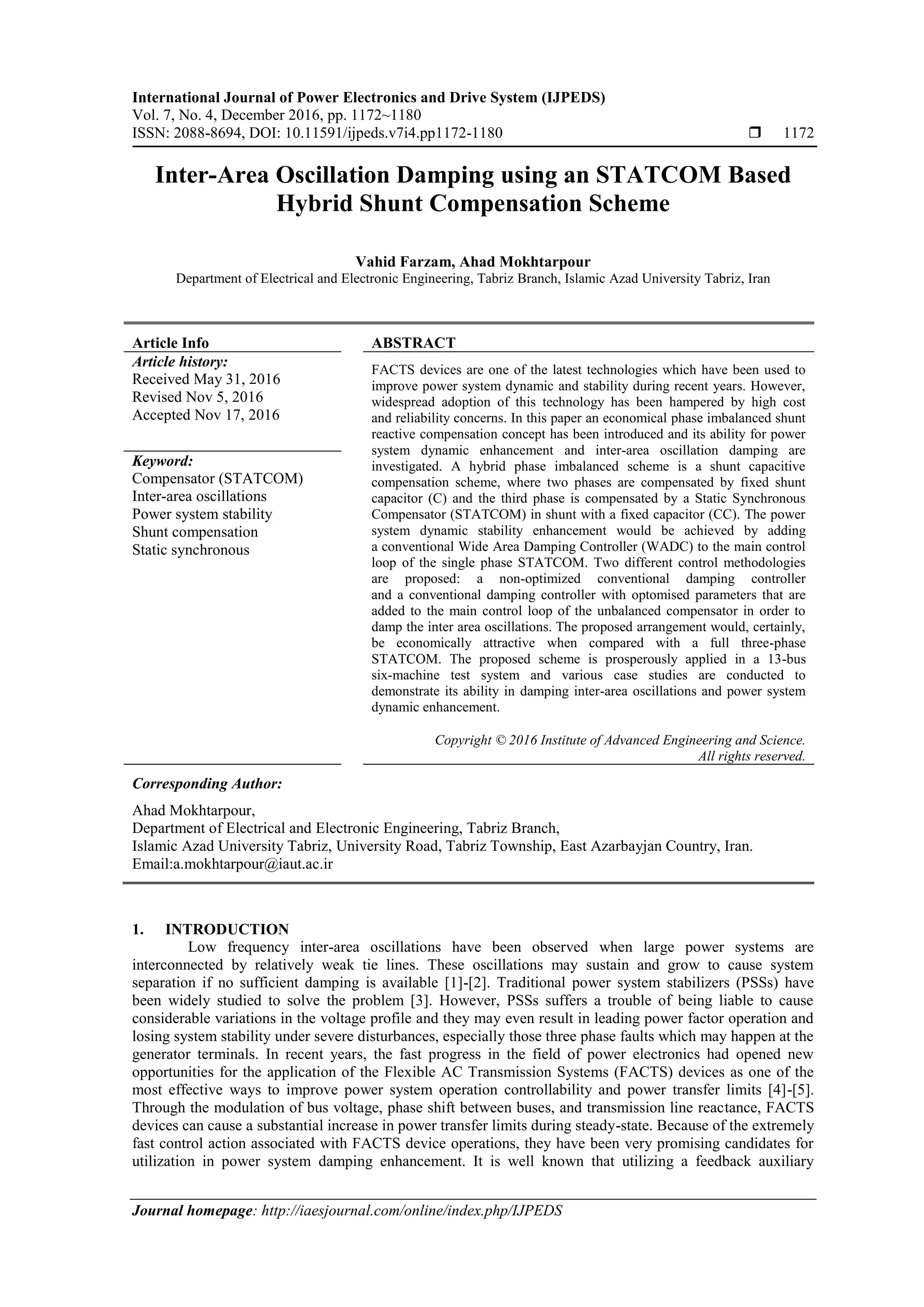 Inter-Area Oscillation Damping using an STATCOM Based Hybrid Shunt Compensation Scheme | PDF