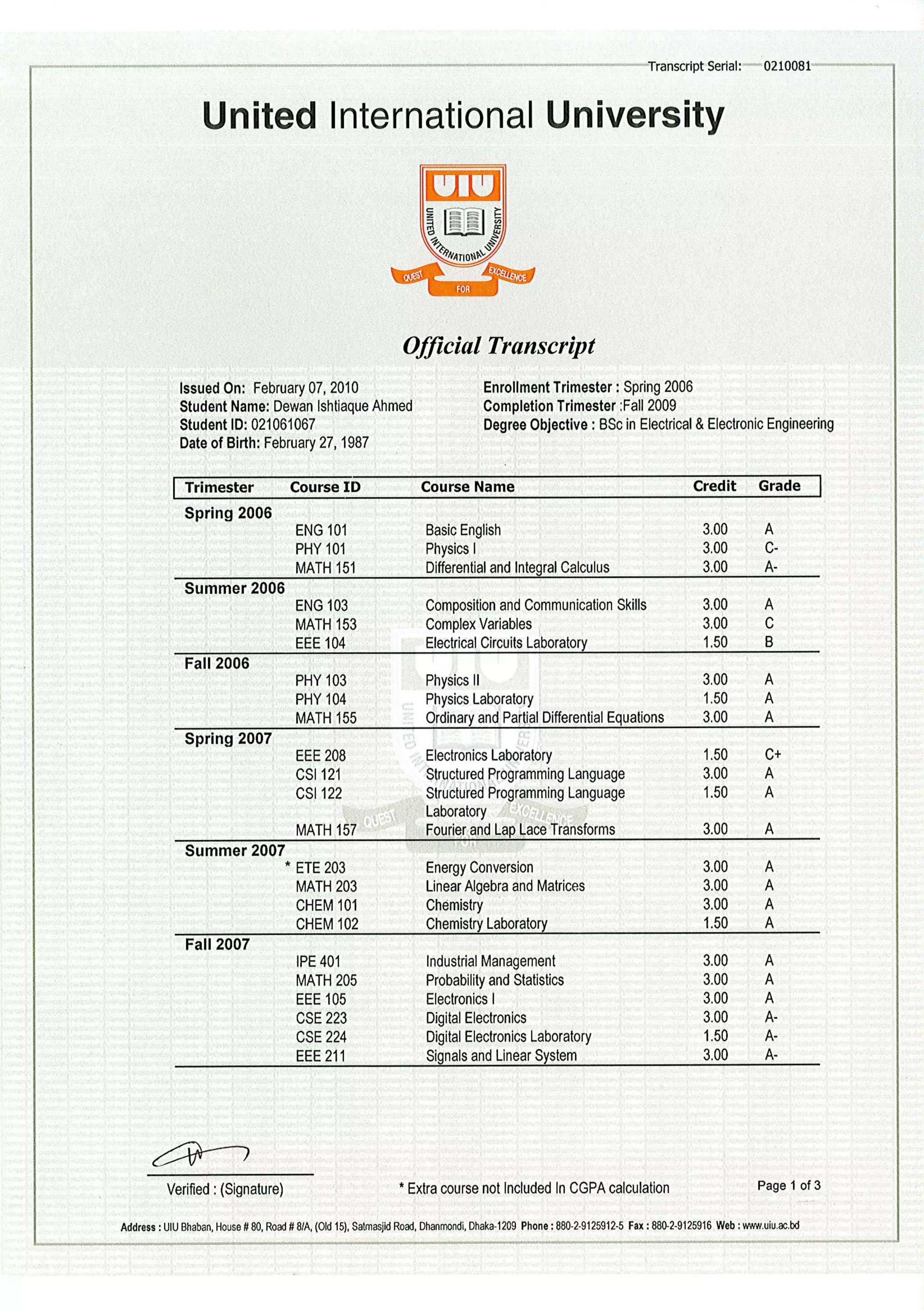 ACADEMIC TRANSCRIPT | PDF