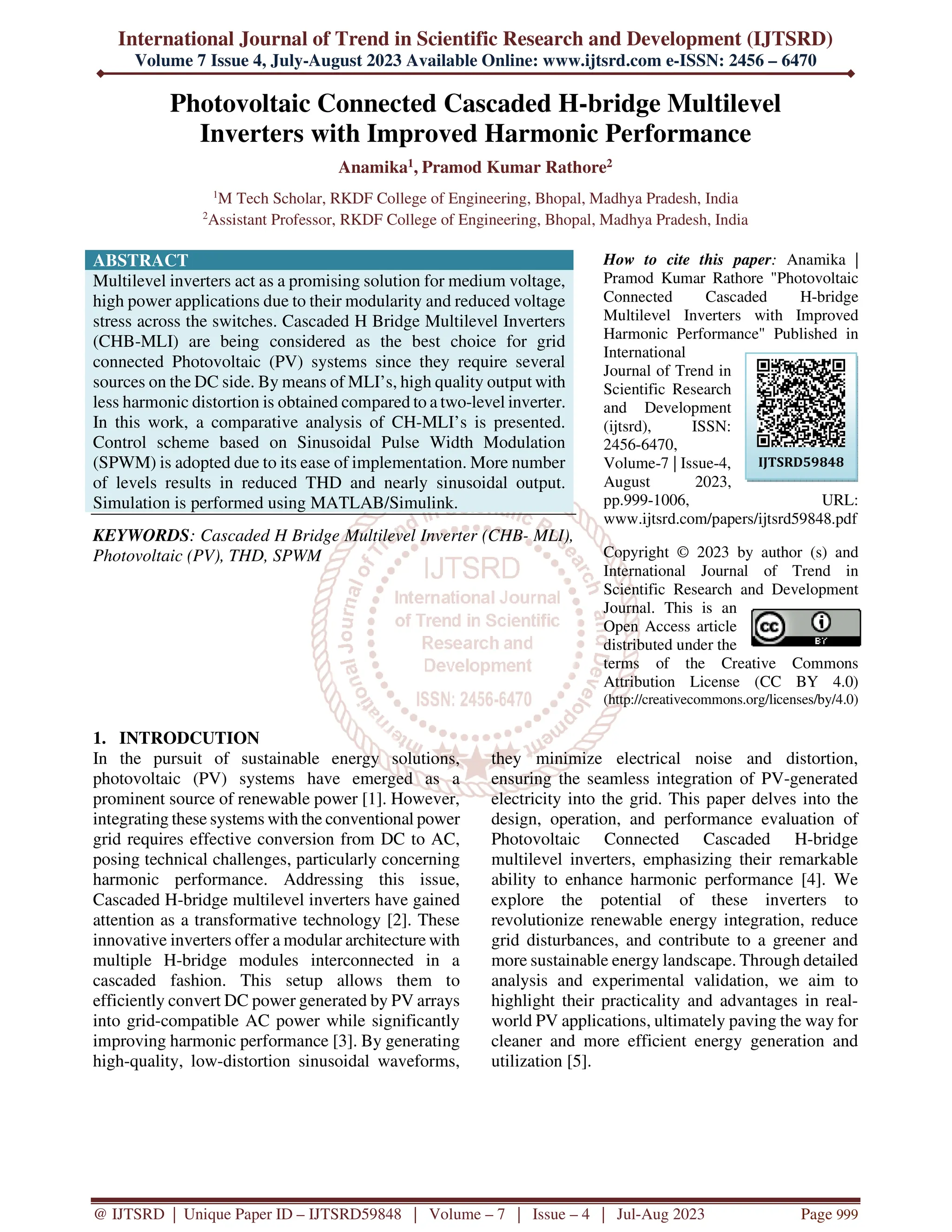 Photovoltaic Connected Cascaded H bridge Multilevel Inverters with Improved Harmonic Performance ...