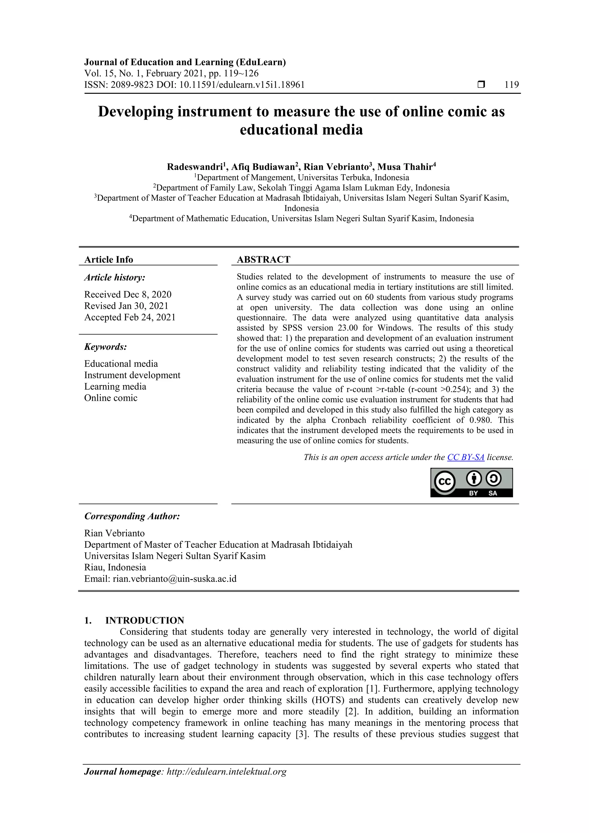 Developing instrument to measure the use of online comic as educational ...