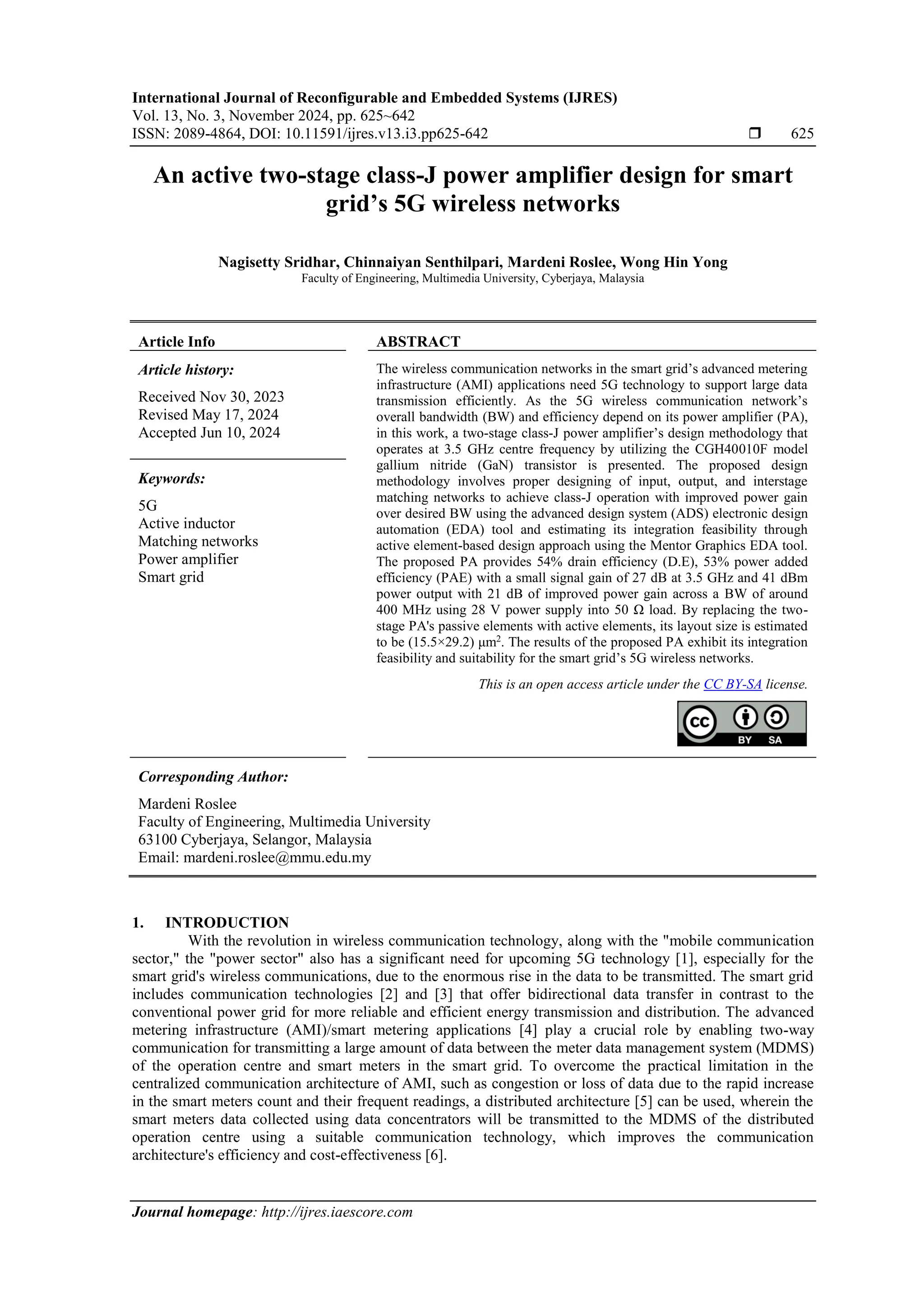 An active two-stage class-J power amplifier design for smart grid’s 5G ...