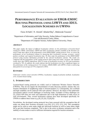 PERFORMANCE EVALUATION OF ERGR-EMHC ROUTING PROTOCOL USING LSWTS AND 3DUL LOCALIZATION SCHEMES ...