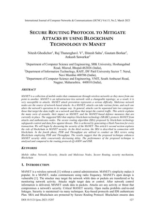 SECURE ROUTING PROTOCOL TO MITIGATE ATTACKS BY USING BLOCKCHAIN TECHNOLOGY IN MANET | PDF
