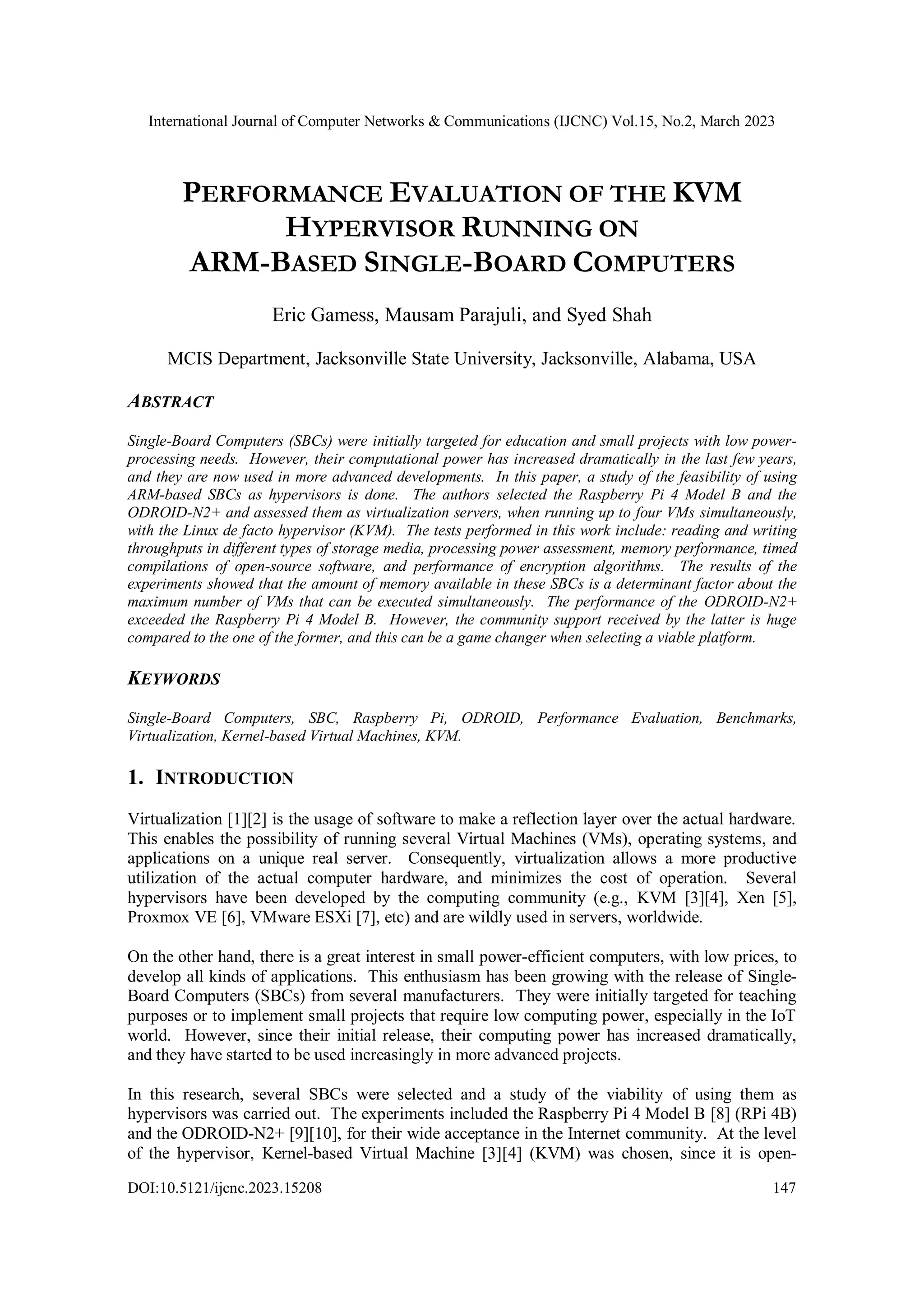 Performance Evaluation of the KVM Hypervisor Running on Arm-Based Single-Board Computers | PDF