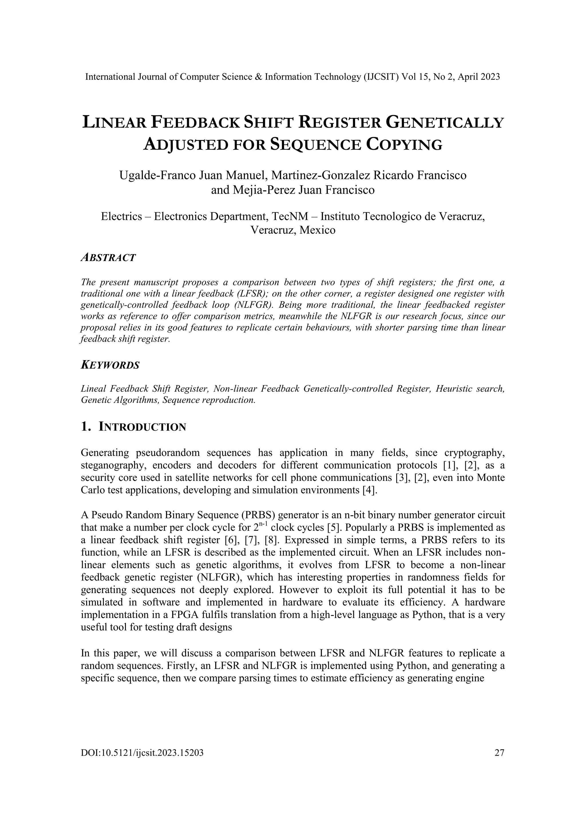 Linear Feedback Shift Register Genetically Adjusted for Sequence Copying | PDF