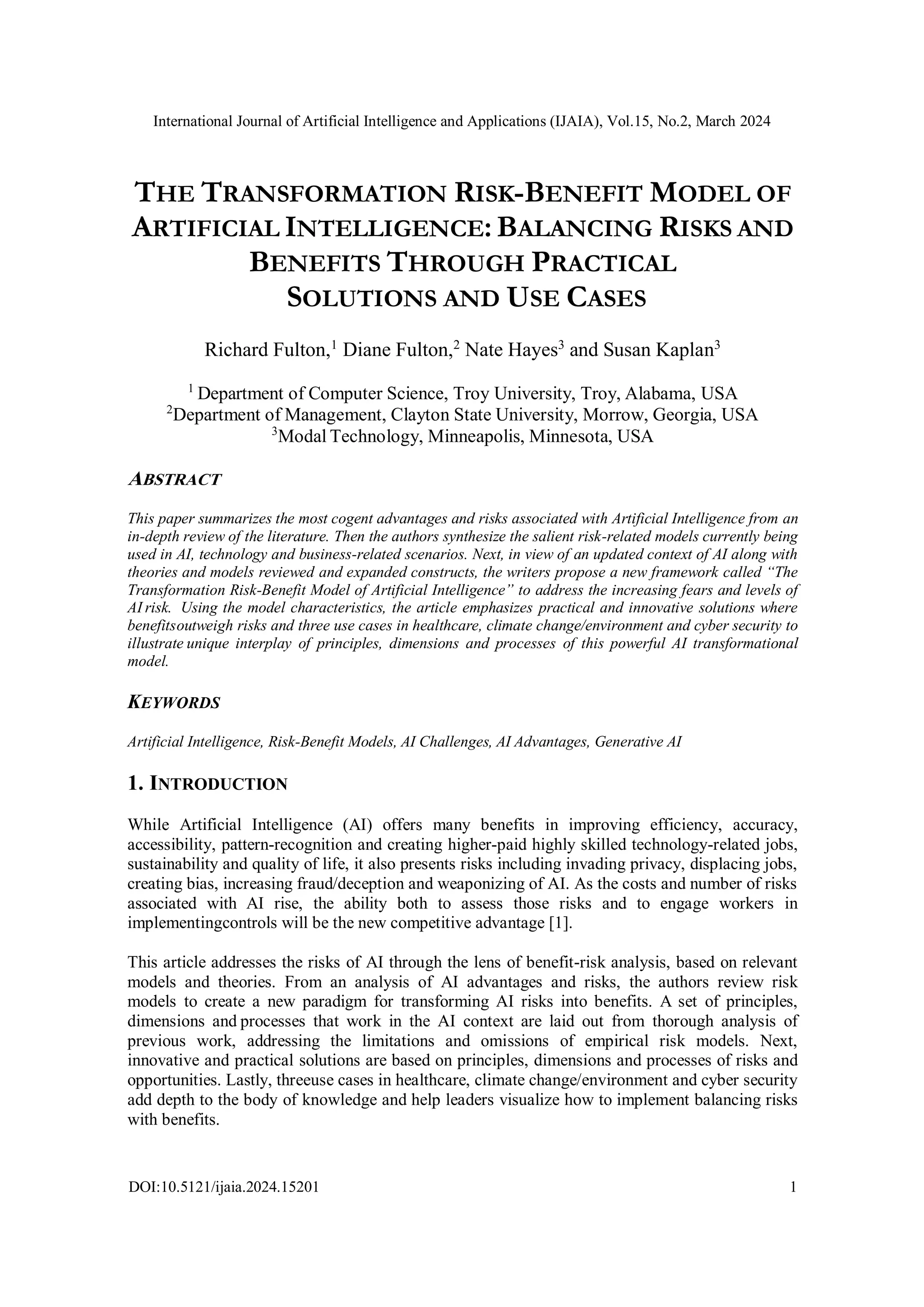 THE TRANSFORMATION RISK-BENEFIT MODEL OF ARTIFICIAL INTELLIGENCE ...