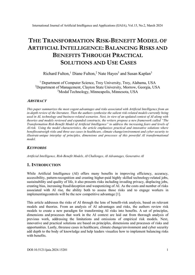 THE TRANSFORMATION RISK-BENEFIT MODEL OF ARTIFICIAL INTELLIGENCE:BALANCING RISKS AND BENEFITS ...