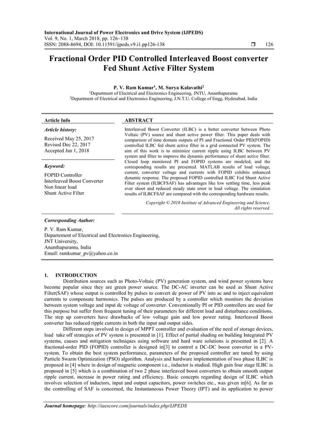 Fractional Order PID Controlled Interleaved Boost converter Fed Shunt Active Filter System | PDF