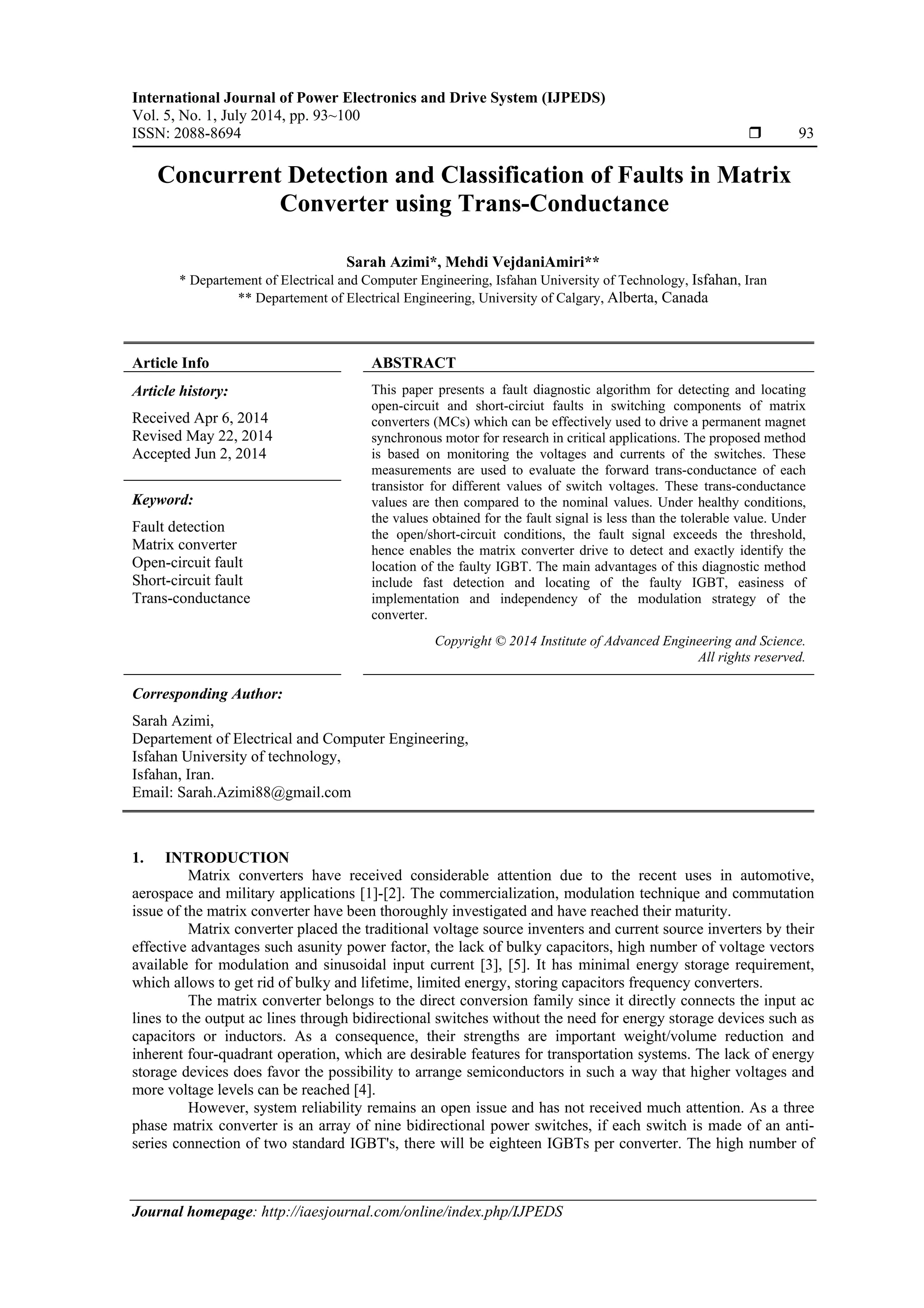 Concurrent Detection And Classification Of Faults In Matrix Converter