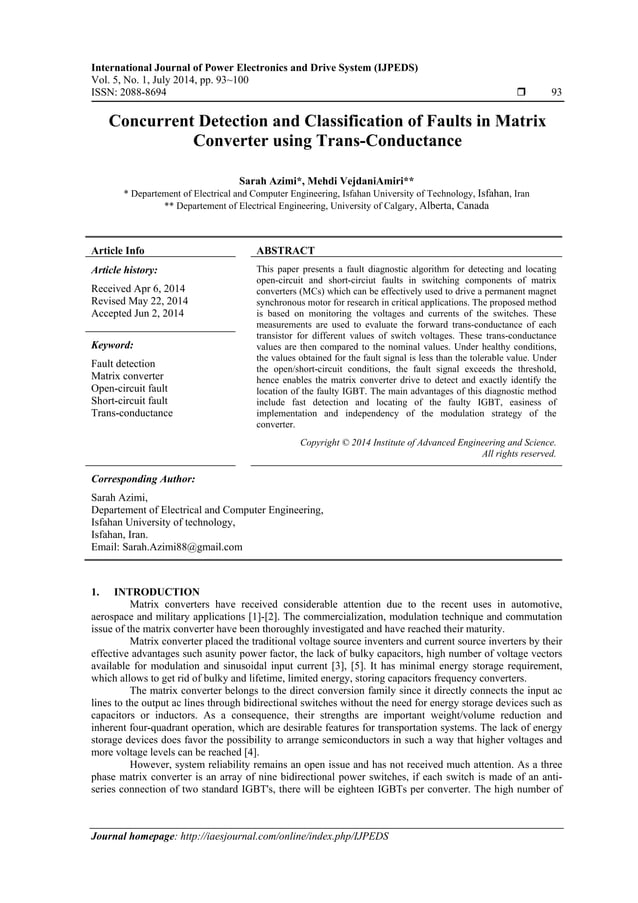 Concurrent Detection And Classification Of Faults In Matrix Converter 7479