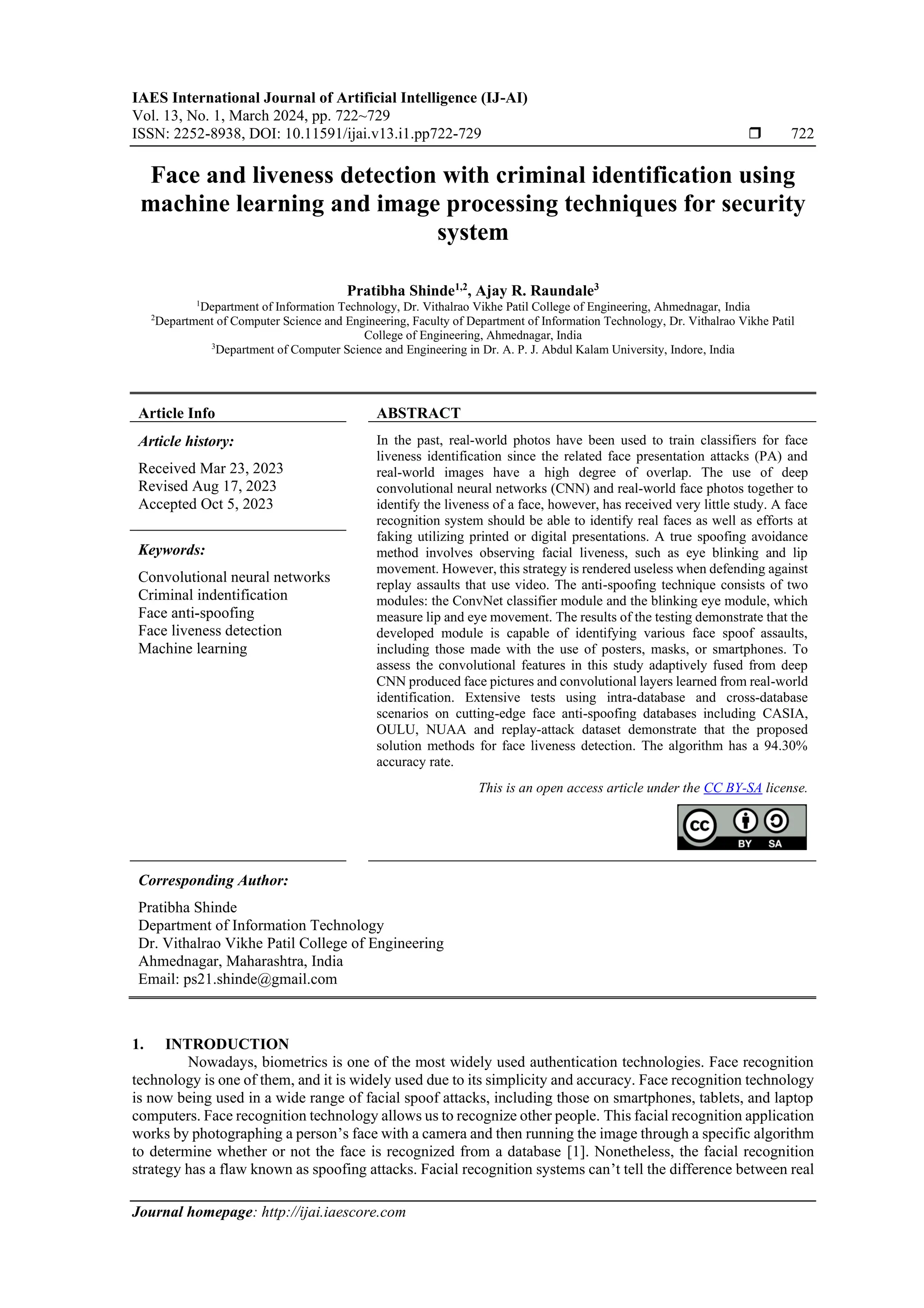 Face And Liveness Detection With Criminal Identification Using Machine Learning And Image