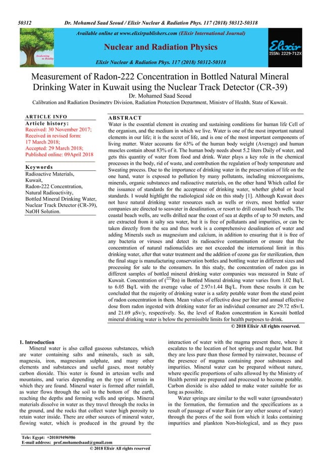 Measurement of Radon-222 Concentration in Bottled Natural Mineral ...